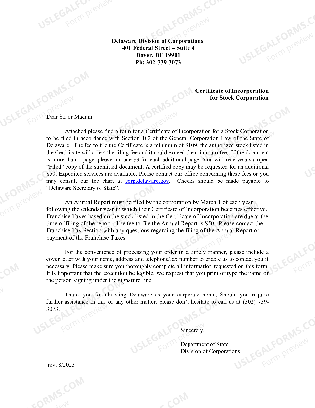 Delaware Articles of Incorporation Certificate - Domestic For-Profit ...