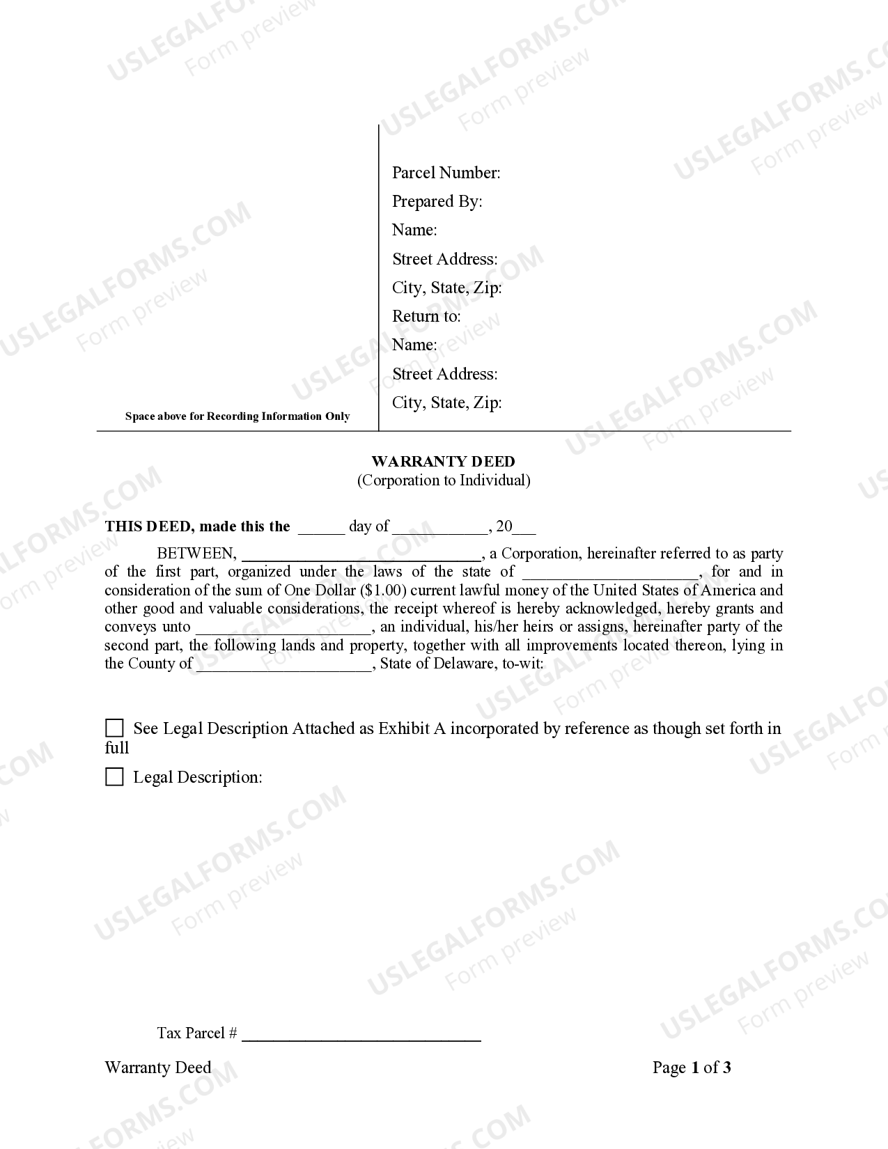 Delaware Warranty Deed from Corporation to Individual | US Legal Forms