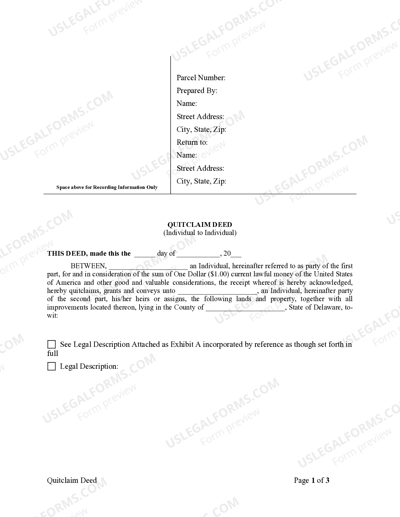 Delaware Quitclaim Deed from Individual to Individual - Delaware Quit ...