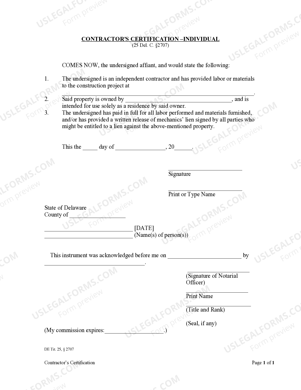 Delaware Contractor's Certification to Owner - Individual - Delaware ...