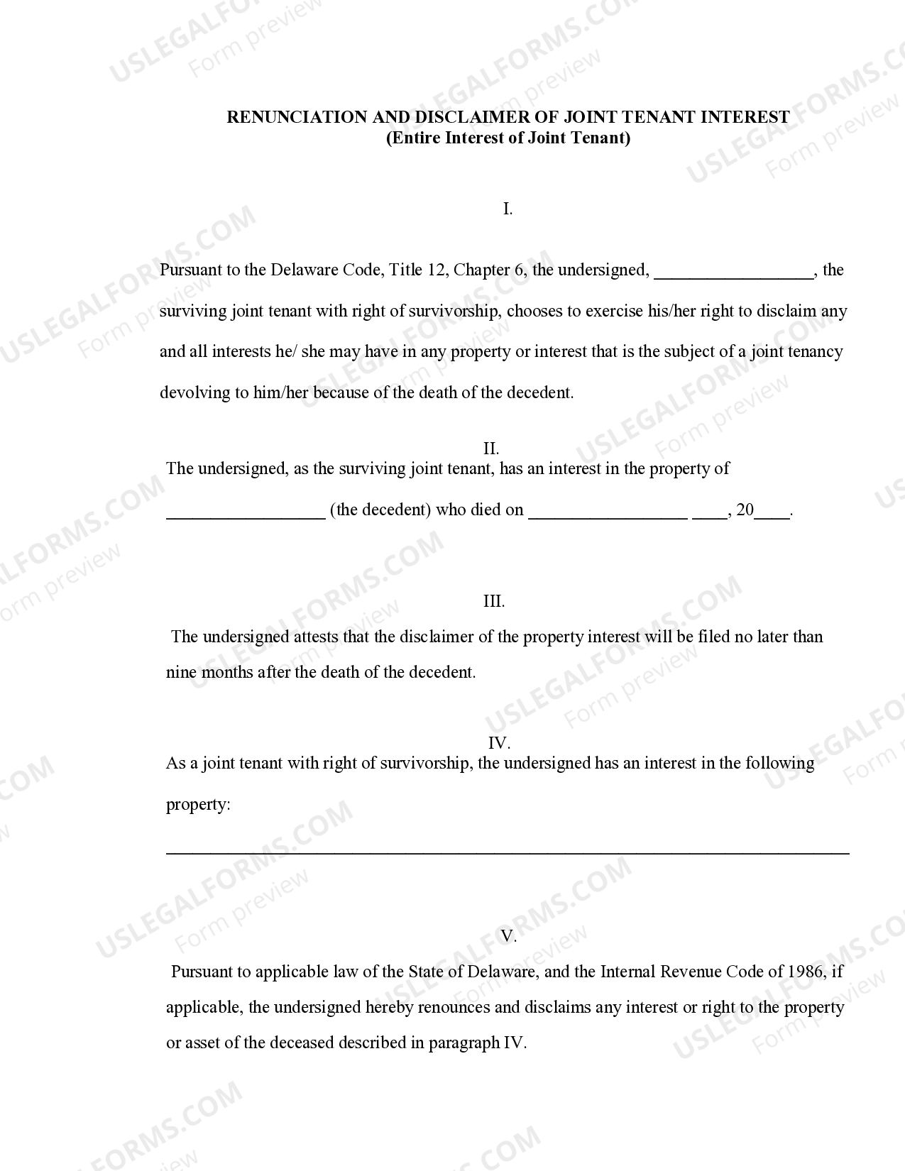 Delaware Renunciation And Disclaimer of Joint Tenant or Tenancy ...