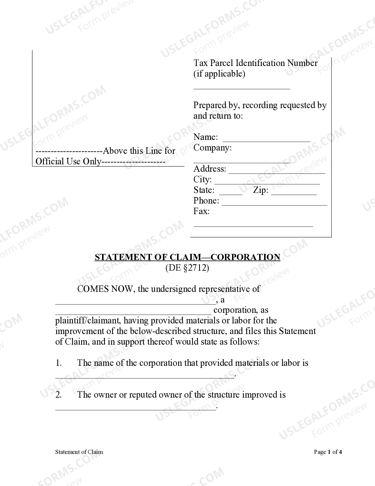 Delaware Statement of Claim - Corporation | US Legal Forms