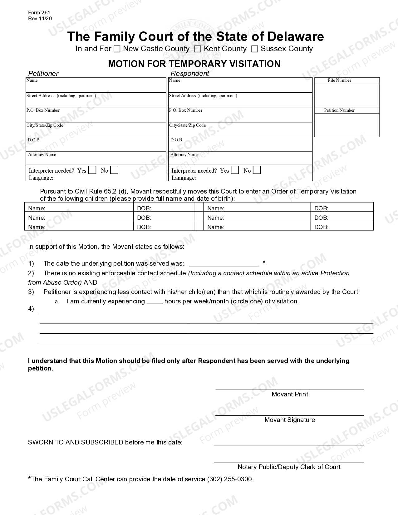 Delaware Motion for Temporary Visitation - Delaware Emergency Custody Petition | US Legal Forms