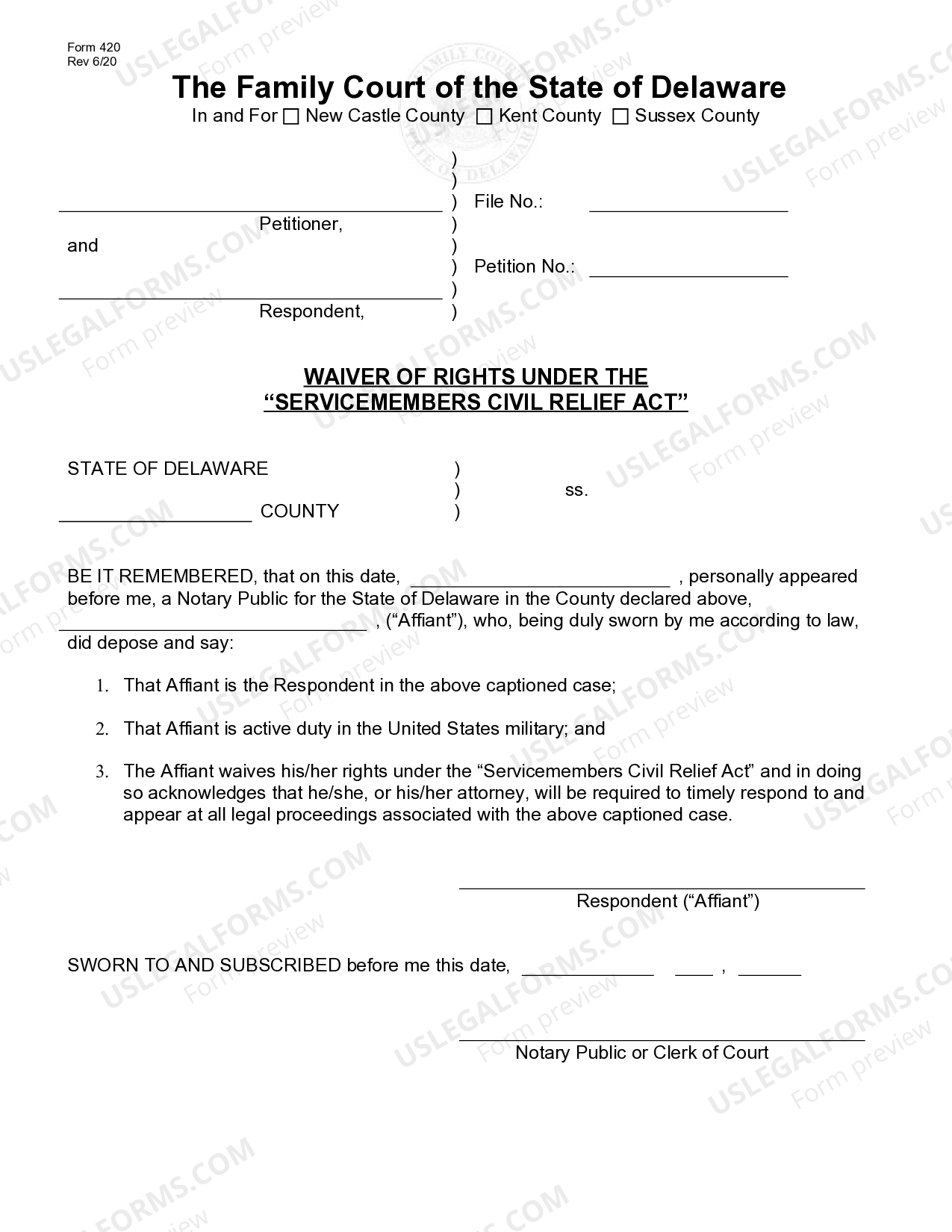 Delaware Waiver of Rights Under The Servicemembers Civil Relief Act ...