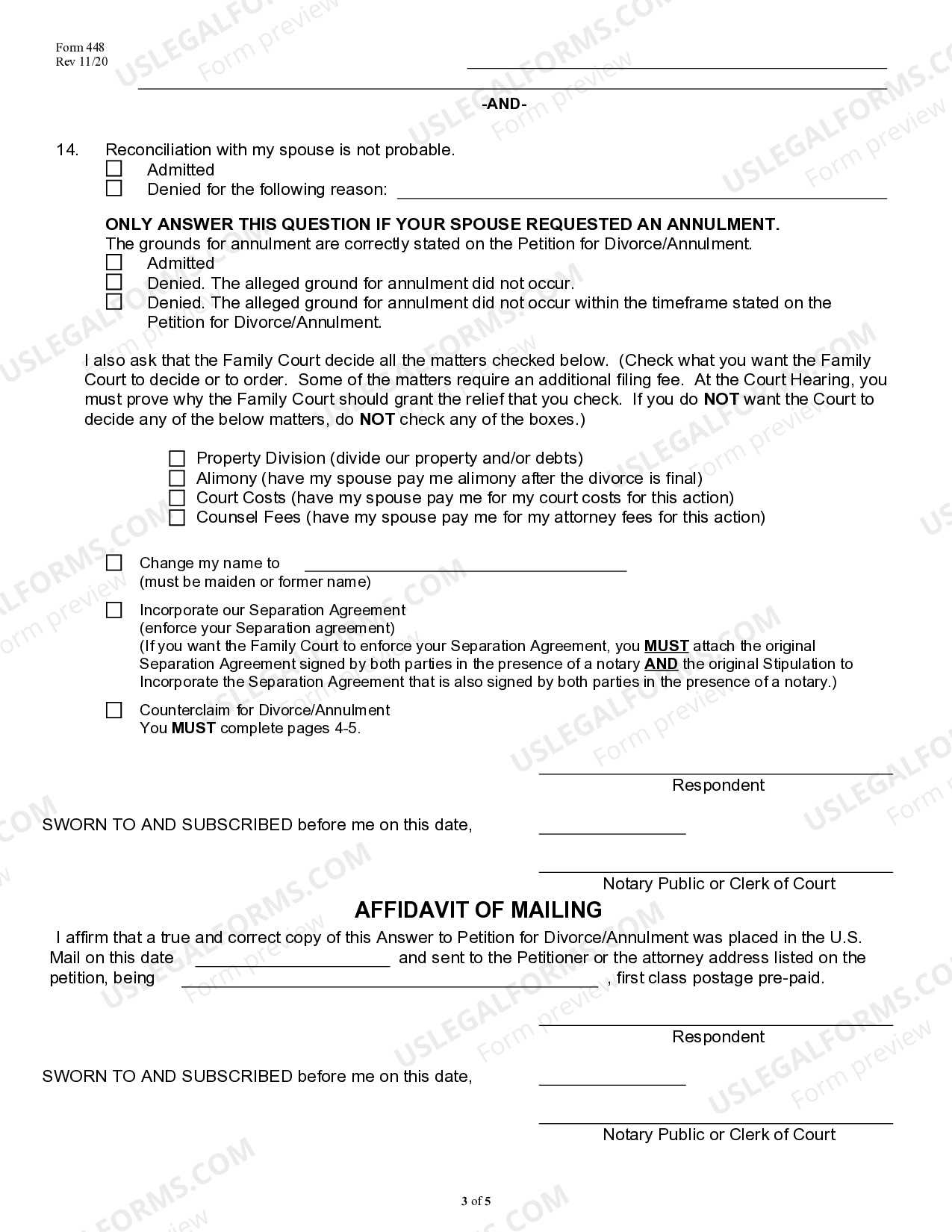 Delaware Answer To Petition For Divorce / Annulment | US Legal Forms