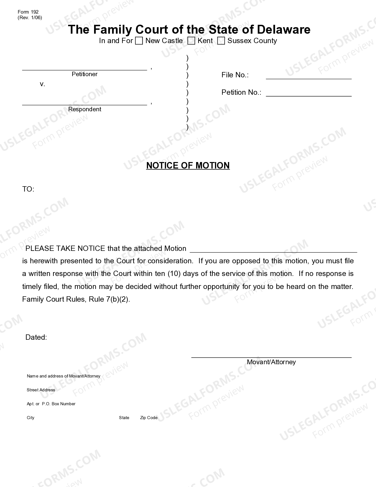 Delaware Notice of Motion | US Legal Forms