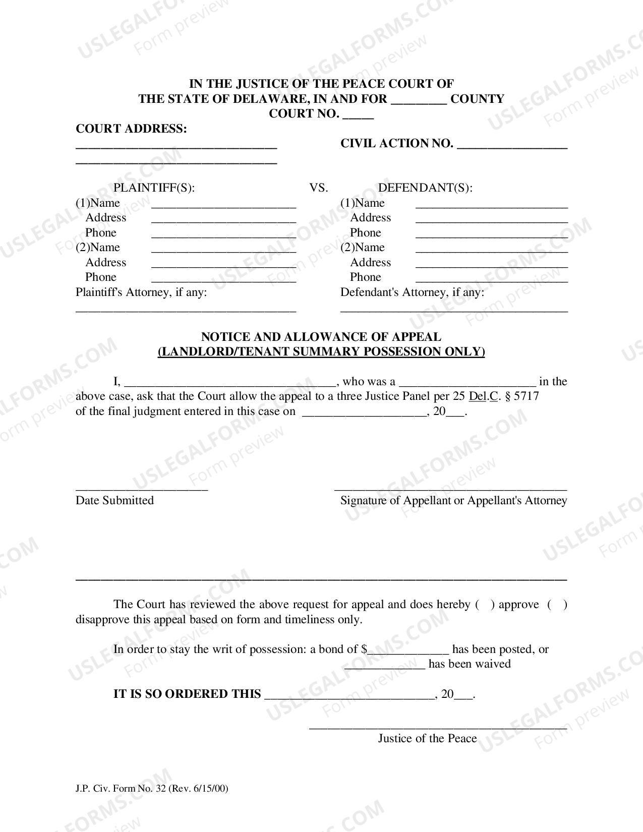 Delaware Notice and Allowance of Appeal Landlord / Tenant Summary ...