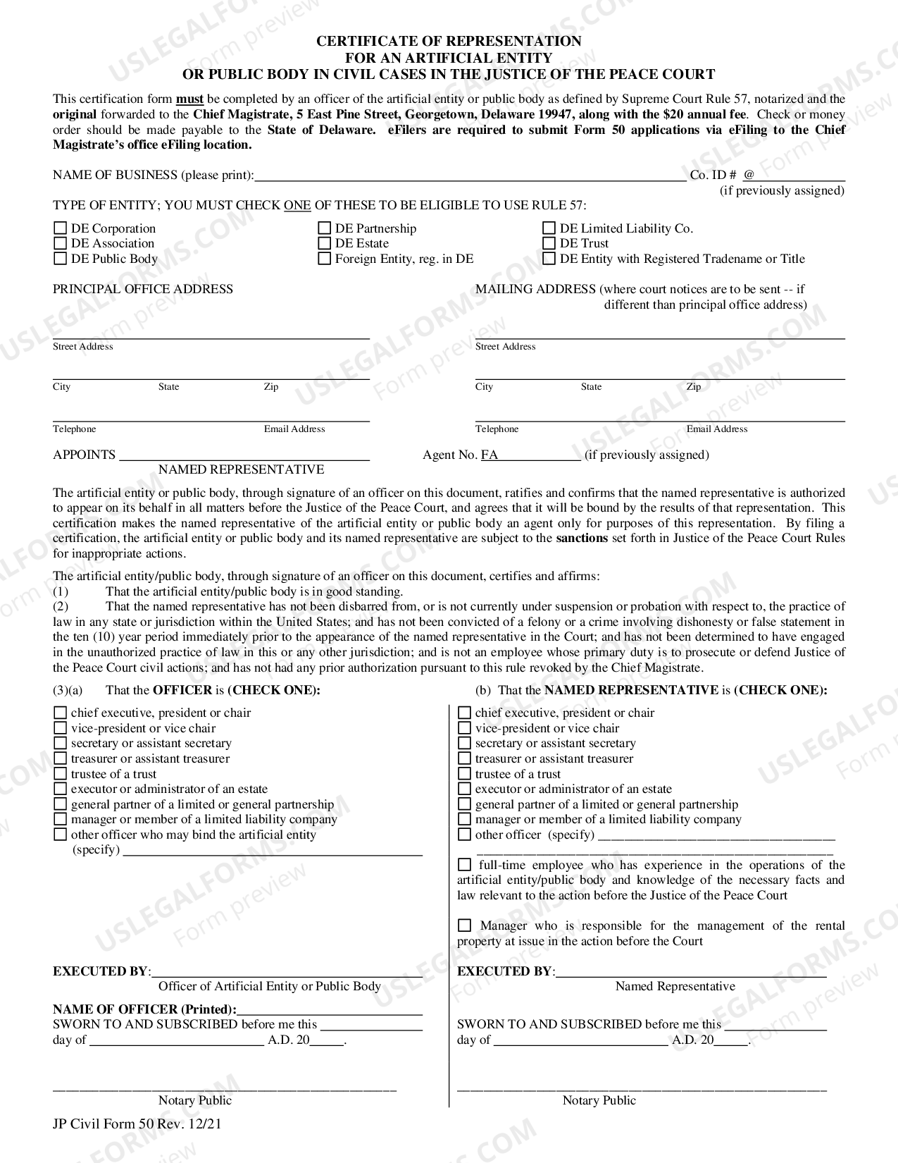 Delaware Certificate of Representation for an Artificial Entity | US ...