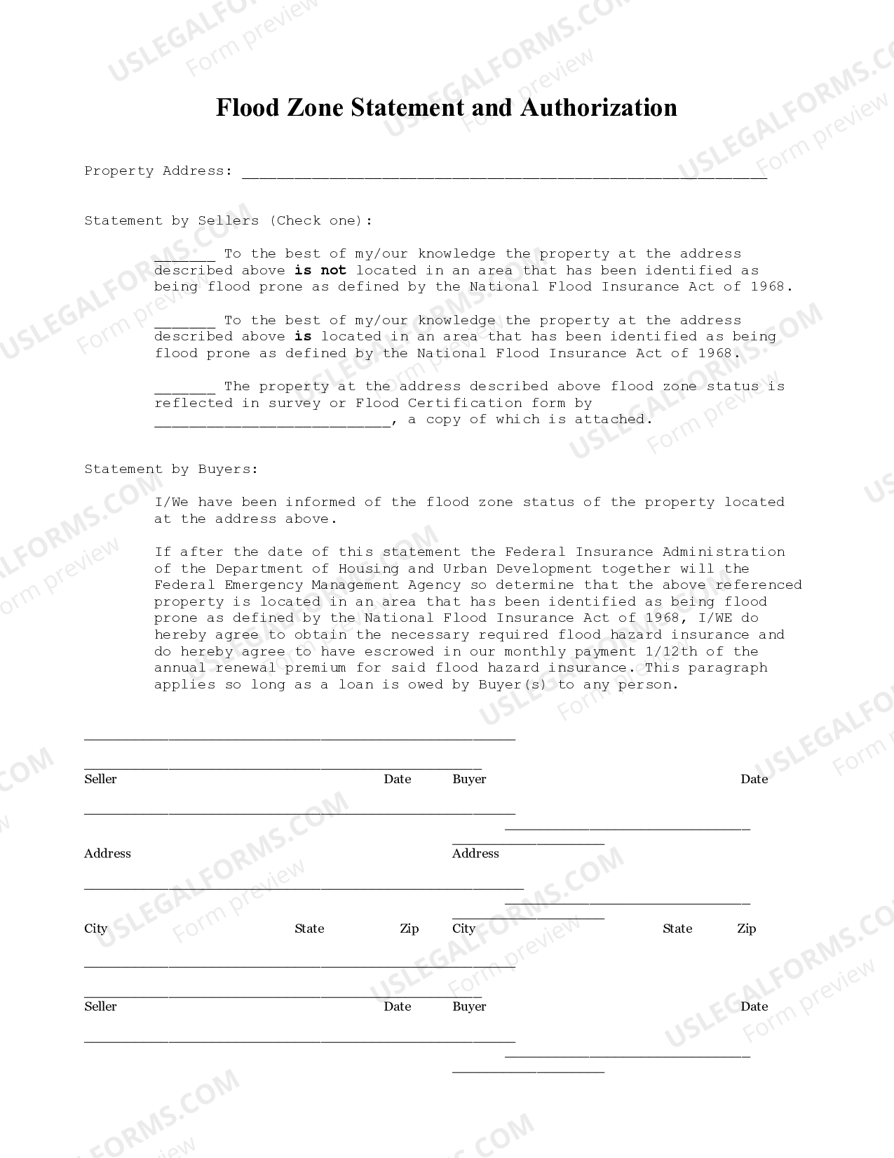 Delaware Flood Zone Statement and Authorization | US Legal Forms