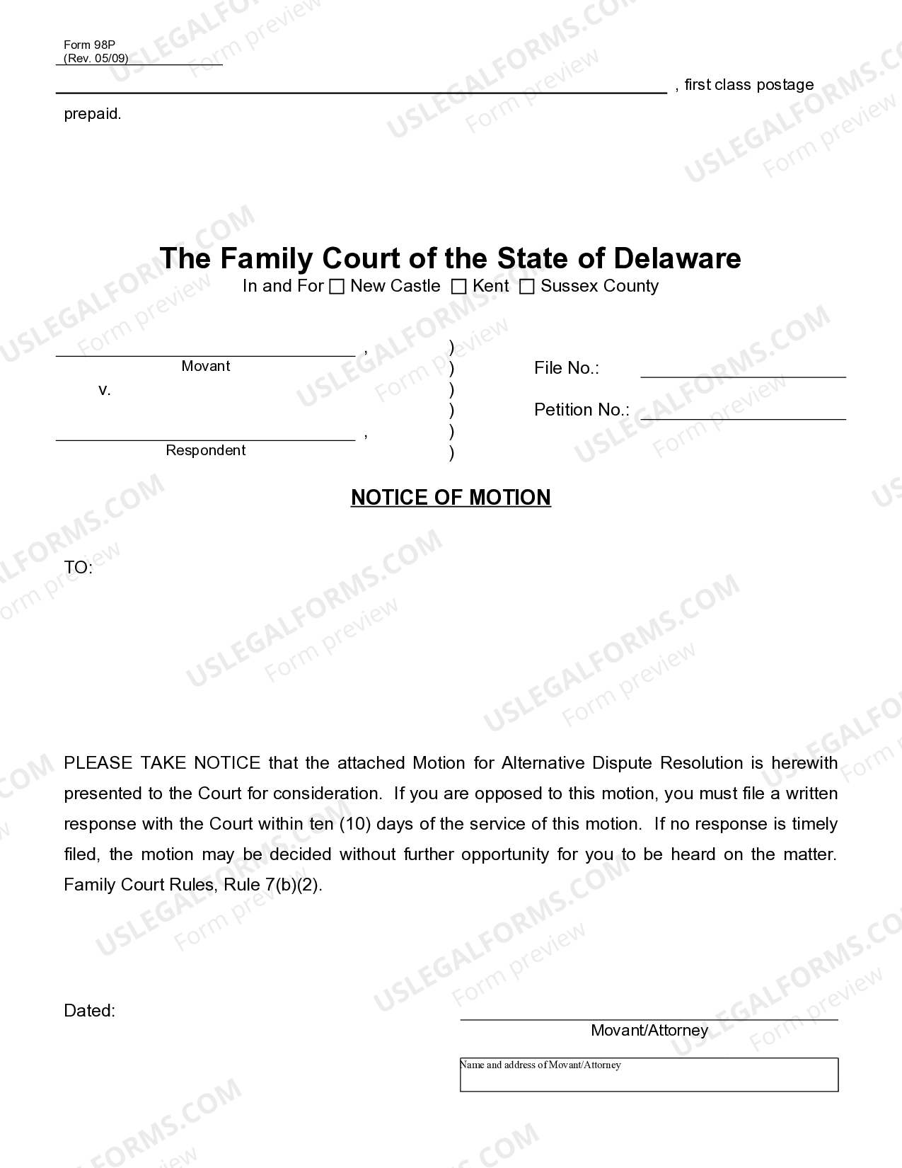 Delaware Motion for Appointment of an Alternative Dispute Resolution ...