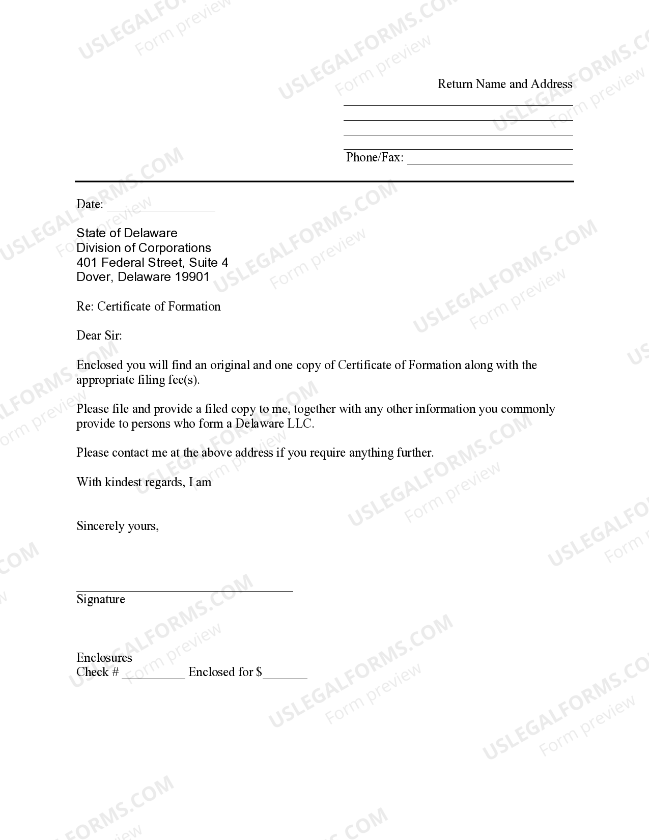 Delaware Sample Cover Letter for Filing of LLC Articles and Certificate ...