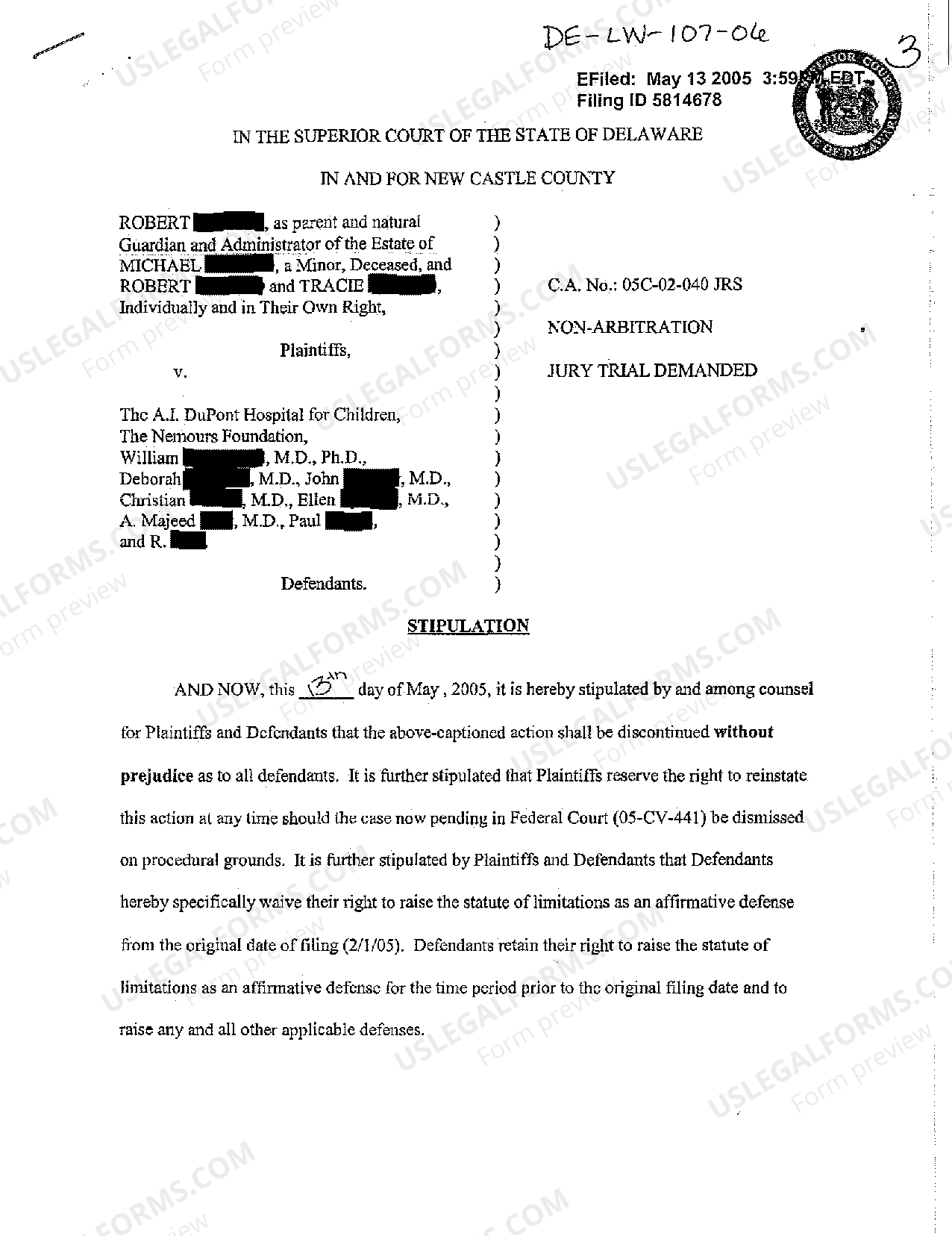 Delaware Stipulation to Discontinue Action without Prejudice | US Legal ...