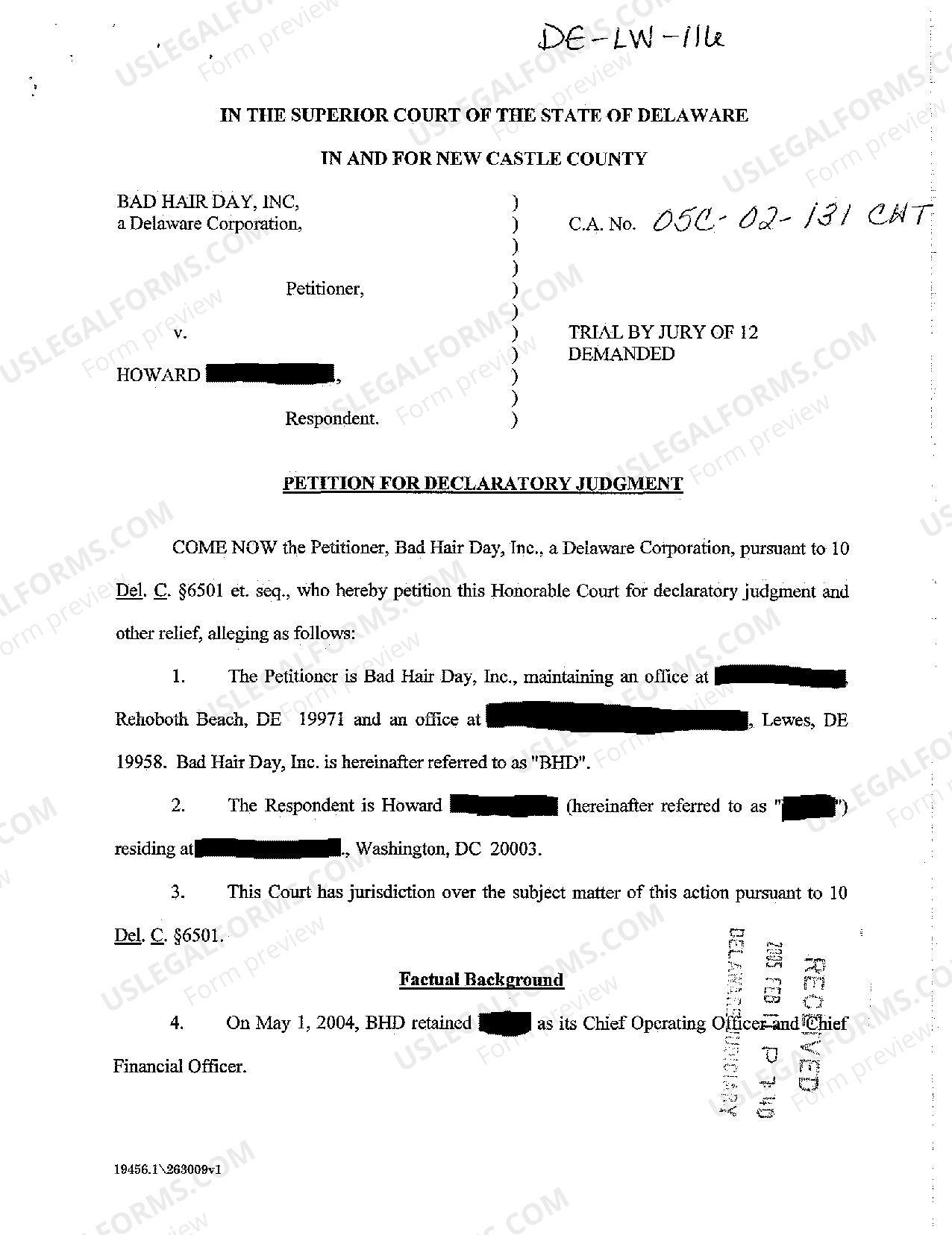 Delaware Petition for Declaratory Judgment regarding Employment ...