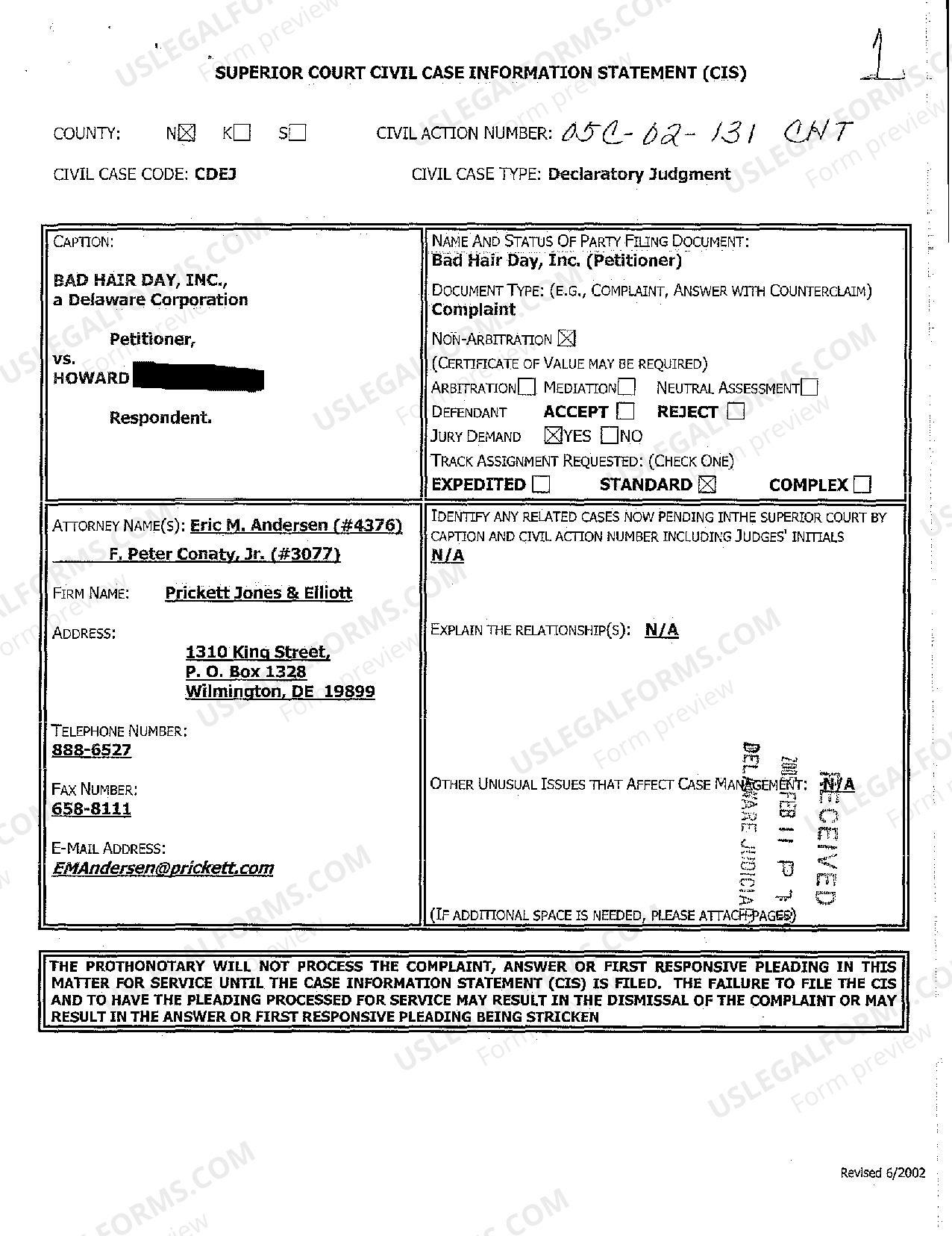 Delaware Petition for Declaratory Judgment regarding Employment ...