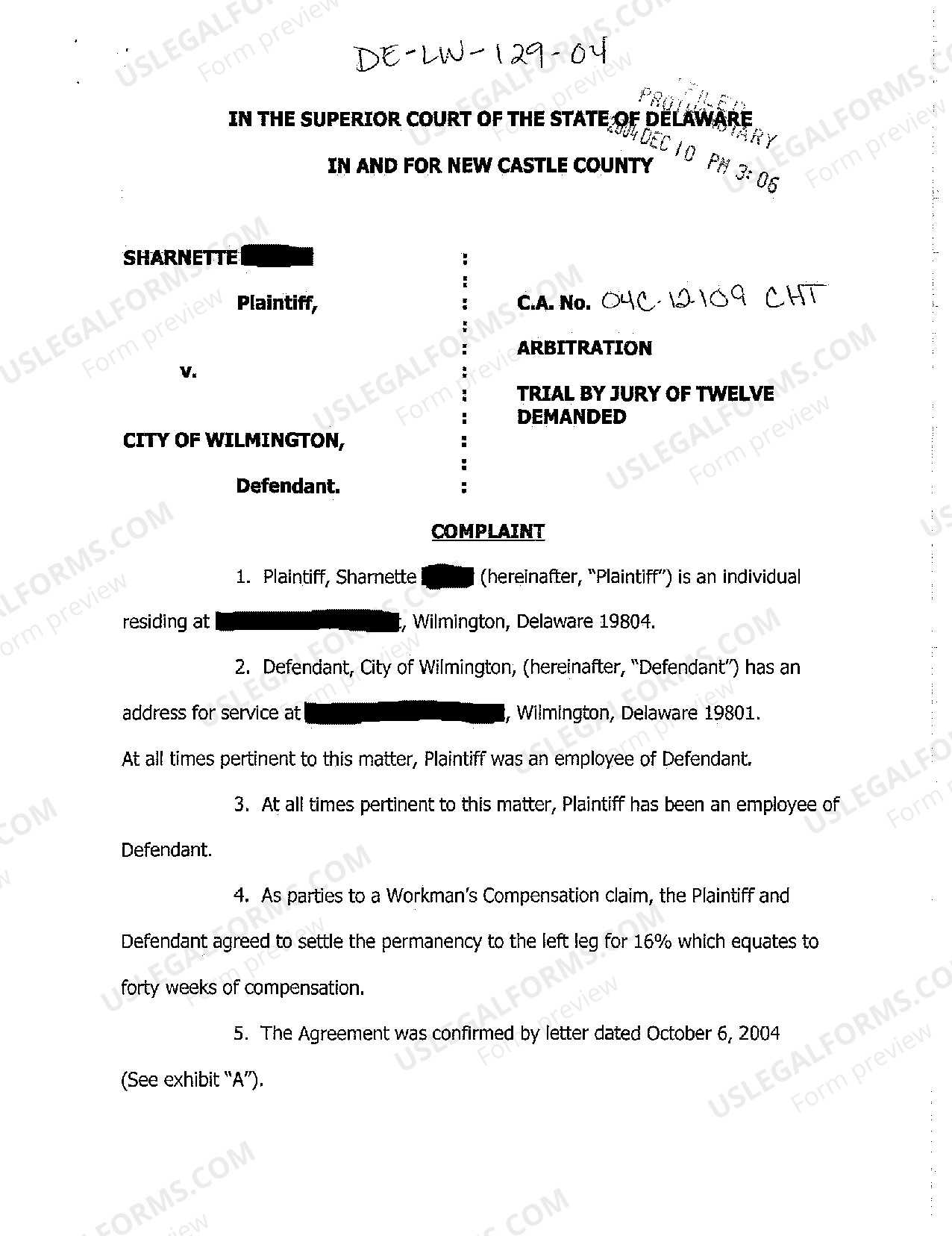 Delaware Complaint alleging Nonpayment of Ordered Worker's Compensation ...