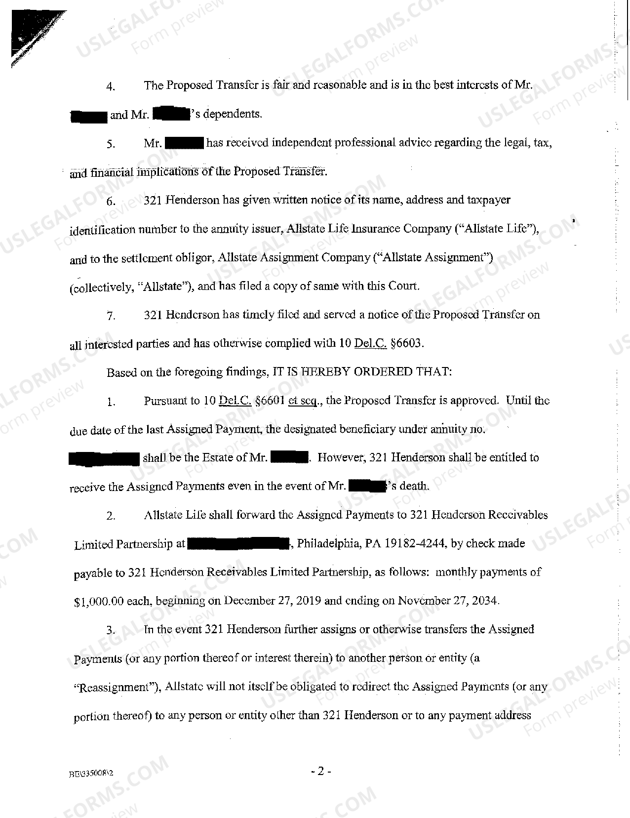 Delaware Amended Order Approving of Transferring Settlement Payments to ...