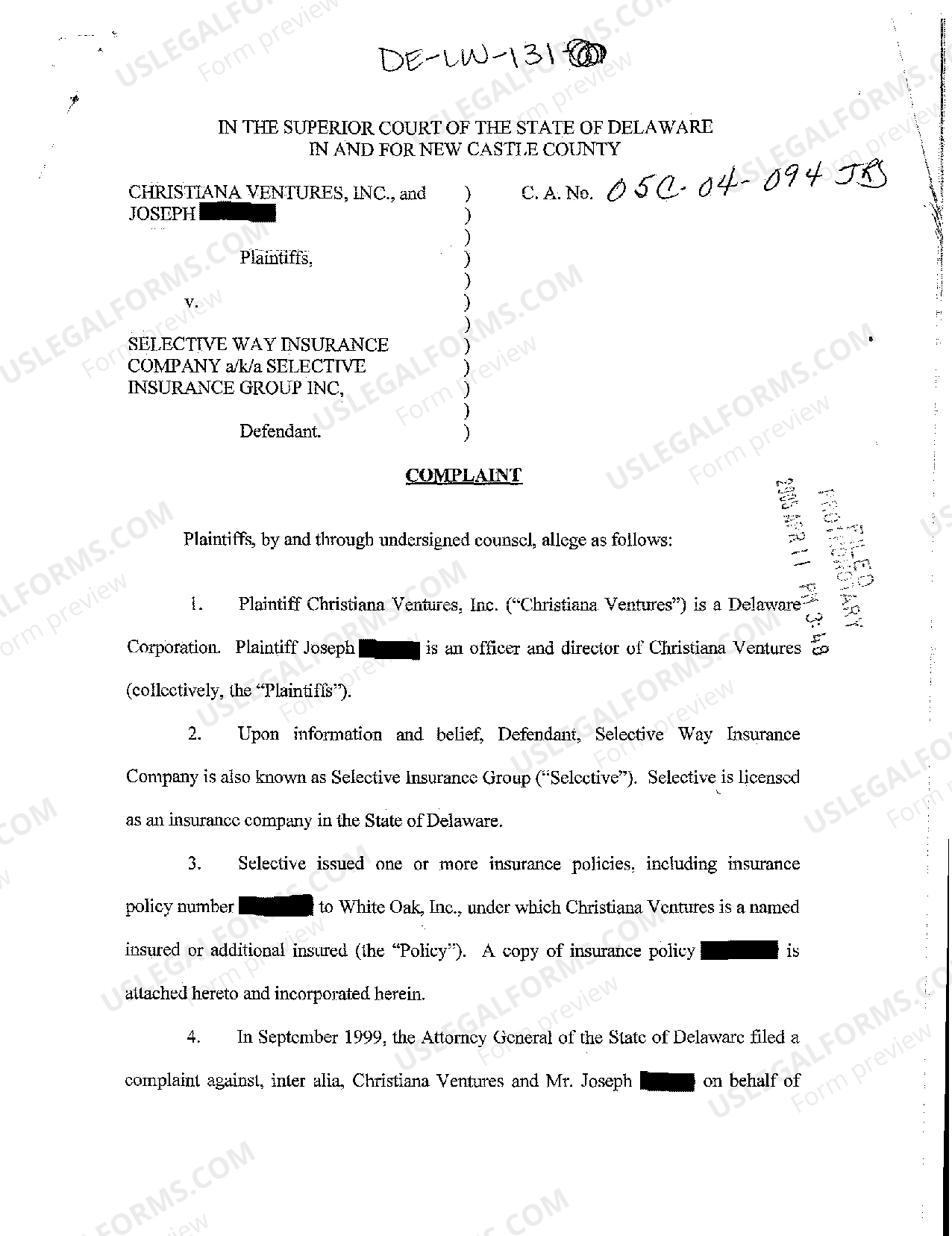 Delaware Complaint for Declaratory Judgment against Insurance Company ...