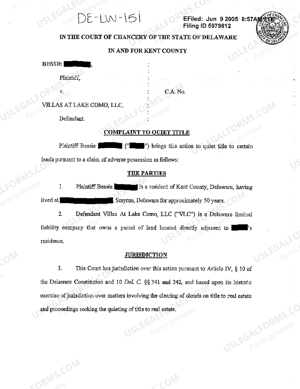 Delaware Complaint to Quiet Title - Quiet Title Complaint | US Legal Forms