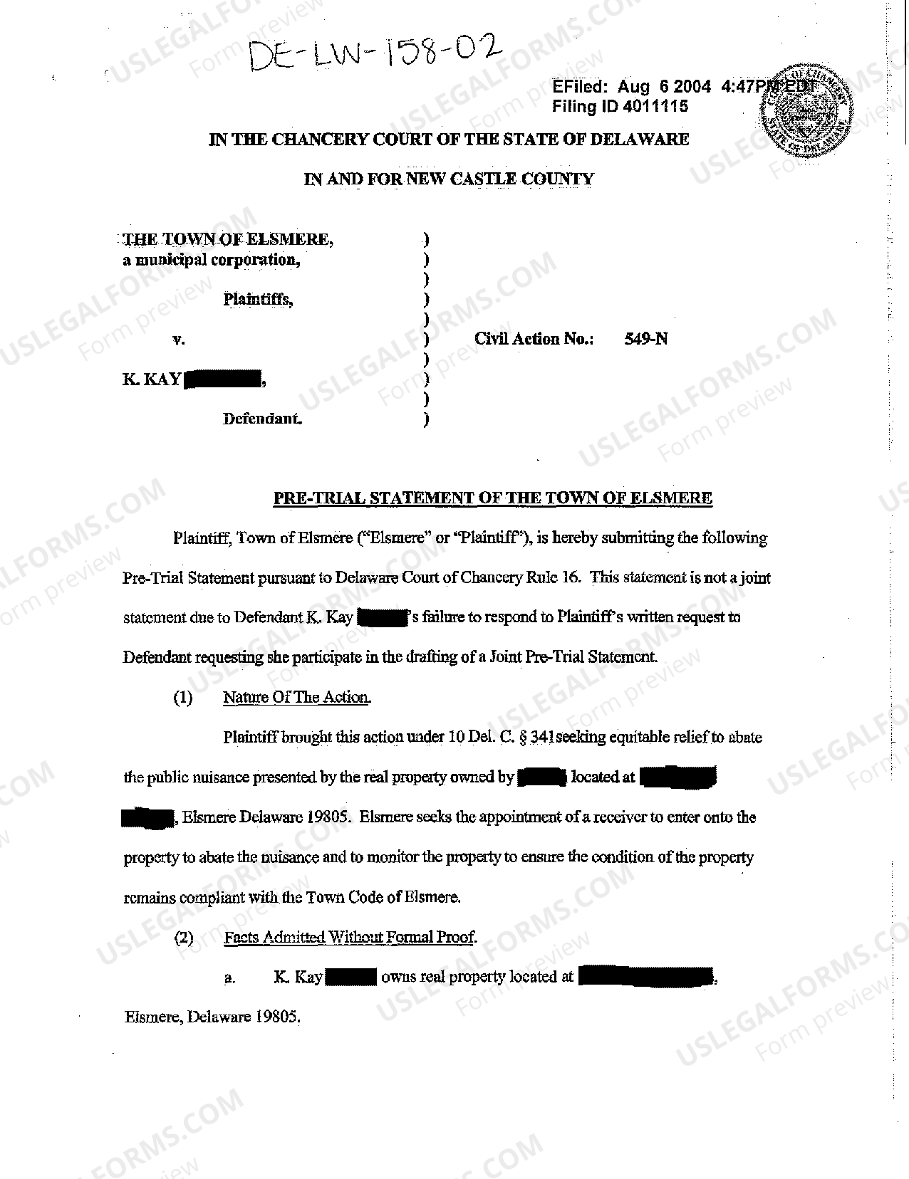 Delaware Pretrial Statement of Defendant Town | US Legal Forms