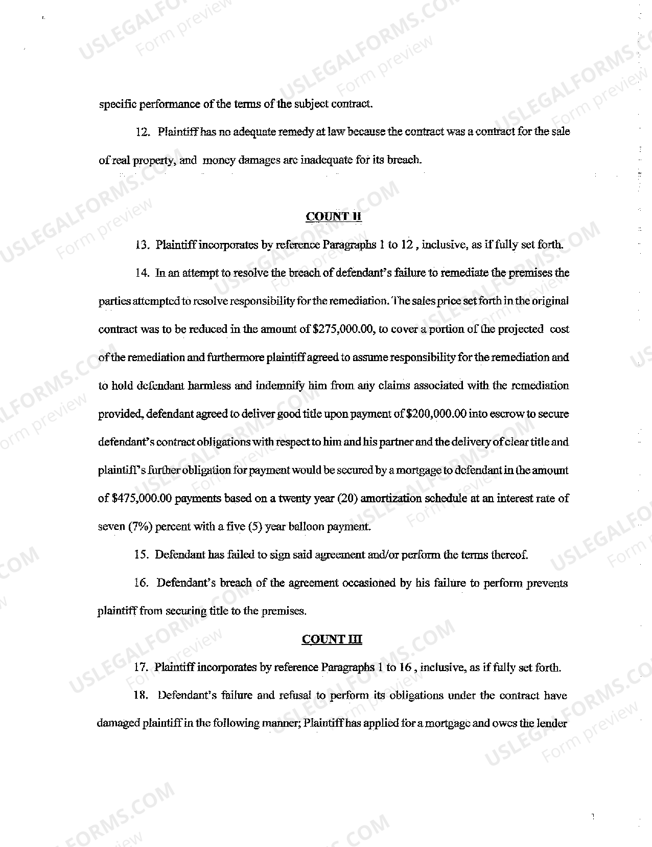 Delaware Complaint for Specific Performance of Real Estate Agreement ...