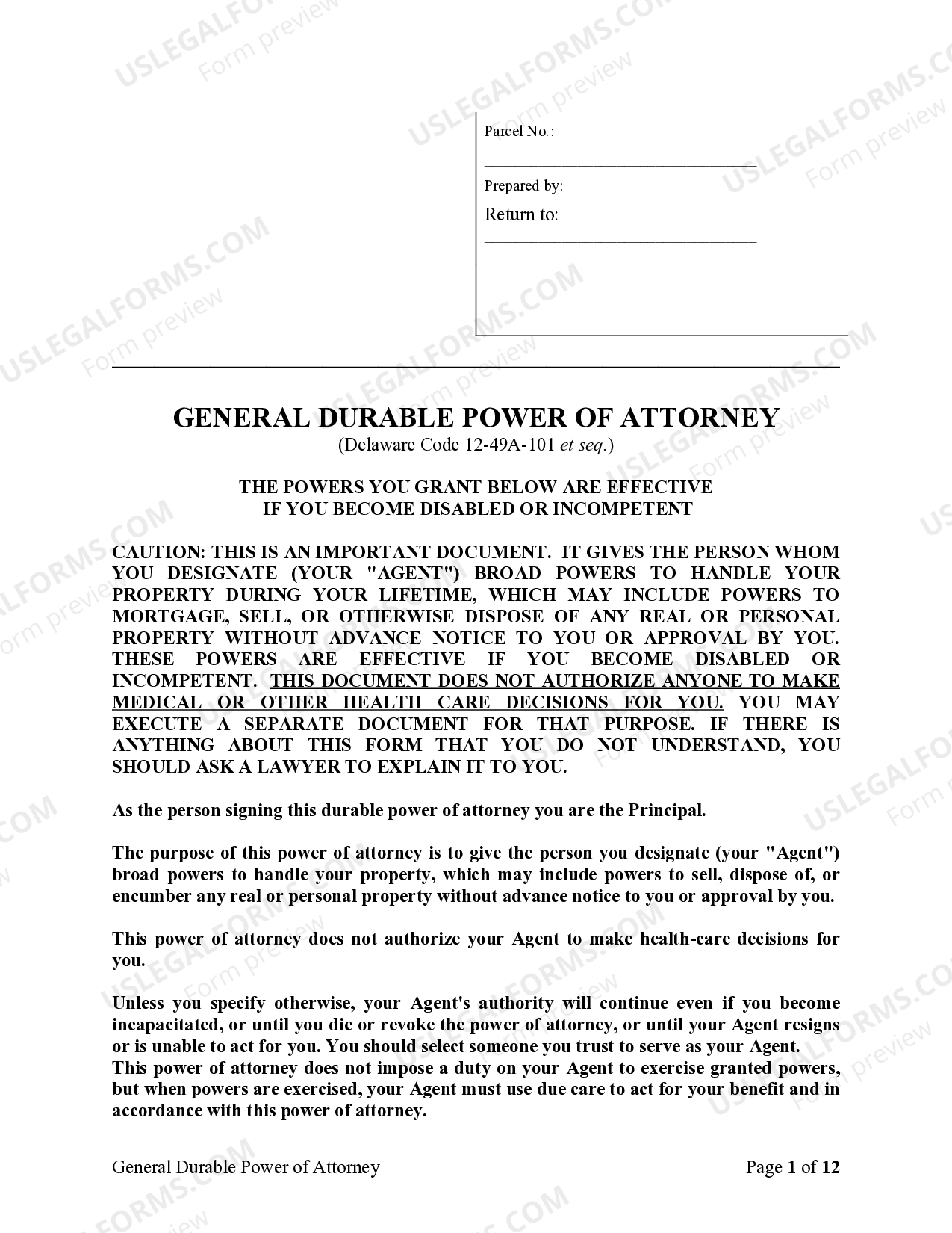 Delaware General Durable Power of Attorney for Property and Finances or ...