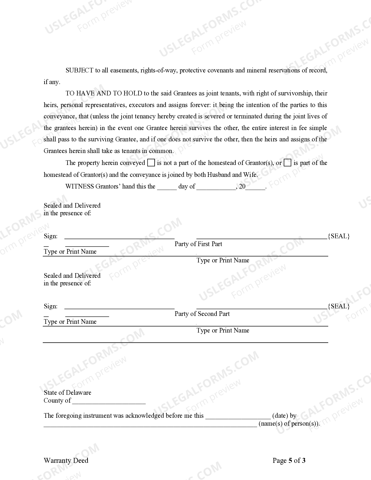 Delaware Warranty Deed for Separate or Joint Property to Joint Tenancy ...