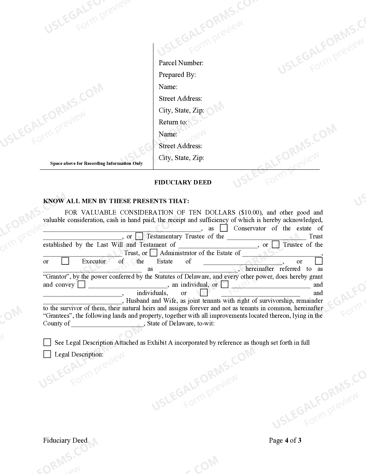 Delaware Fiduciary Deed for use by Executors, Trustees, Trustors ...