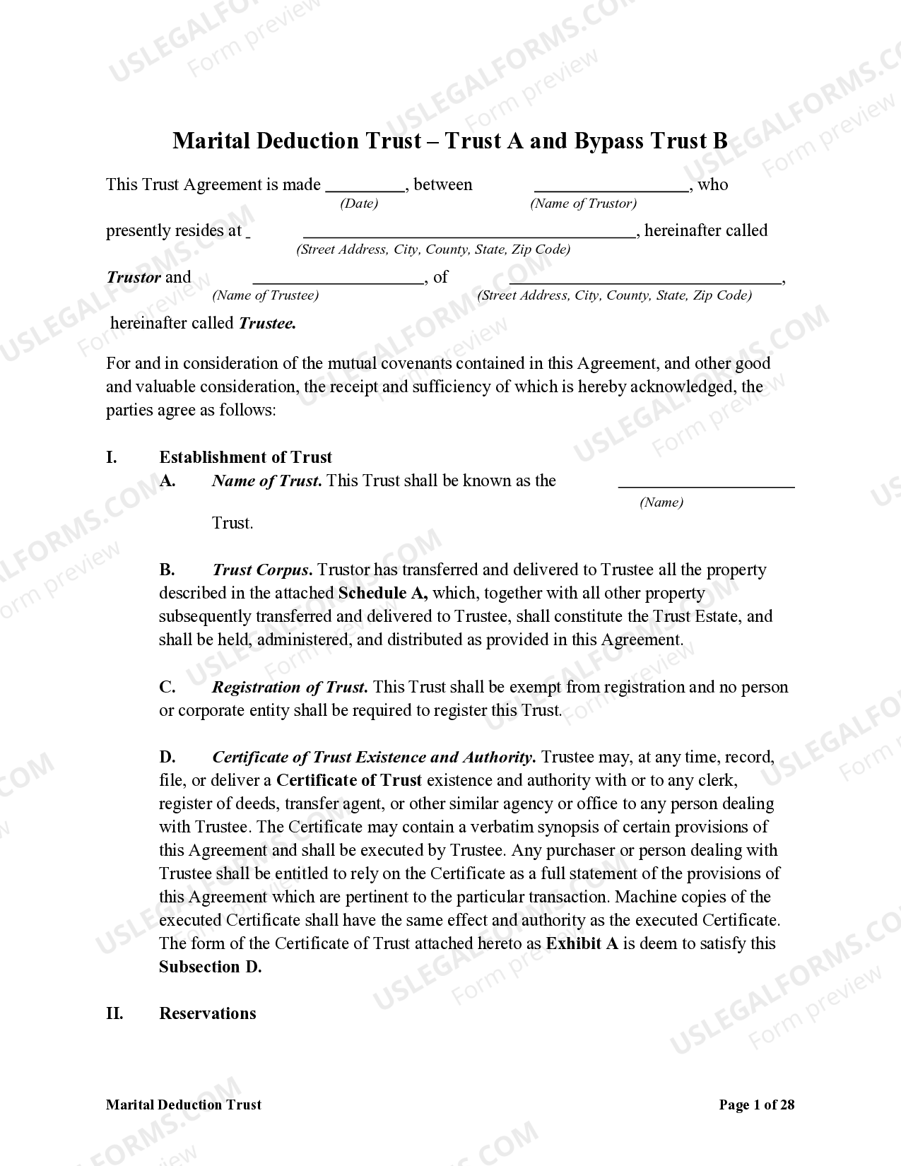 Florida Marital Deduction Trust - Trust A and Bypass Trust B - Marital ...