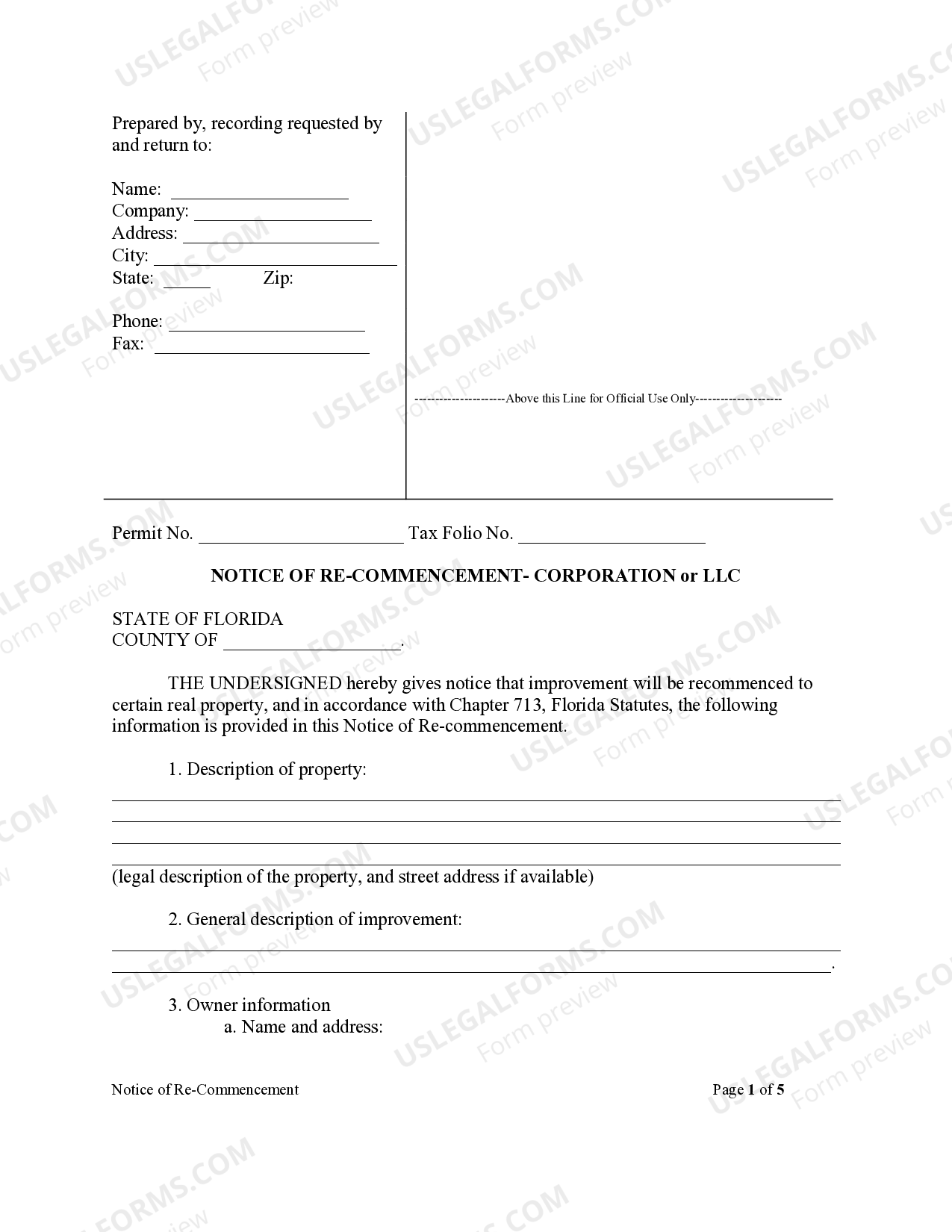 Florida Notice Of Recommencement Form - Construction - Mechanic Liens ...