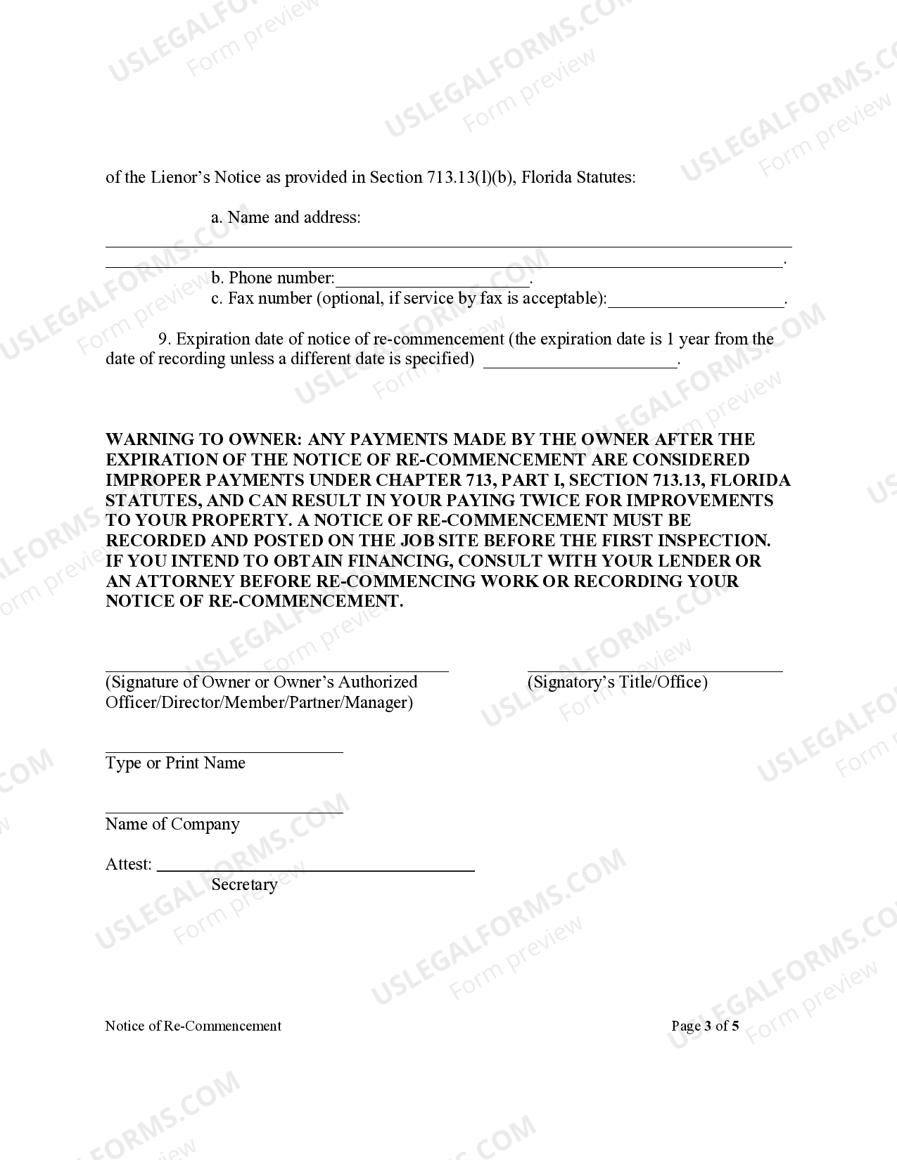 Florida Notice Of Recommencement Form - Construction - Mechanic Liens - Fl Notice Form | US ...
