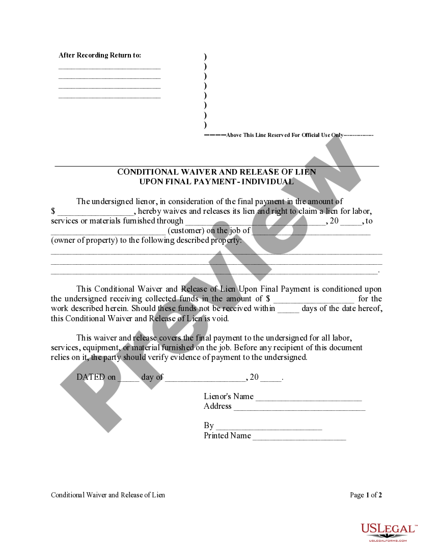 Florida Conditional Waiver And Release Of Lien Upon Final Payment 