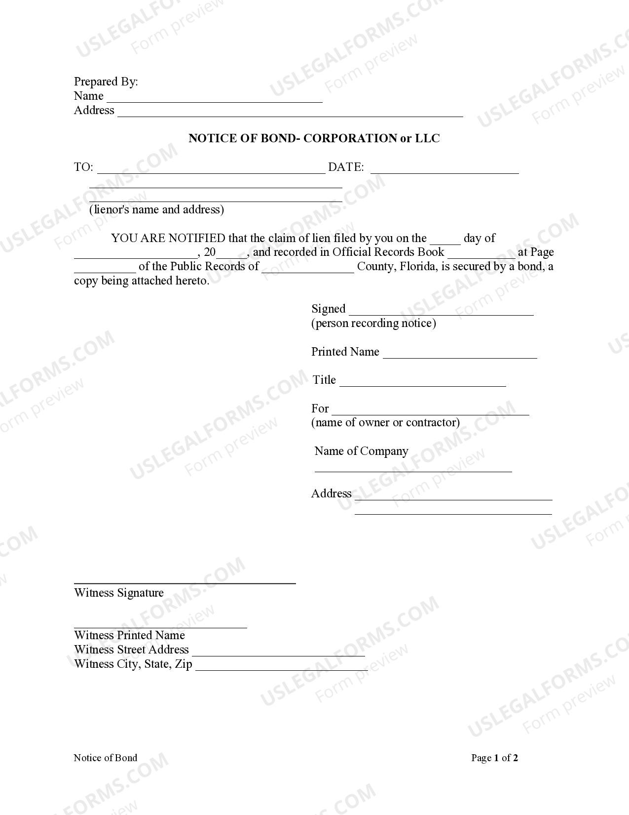 Florida Notice of Bond Form - Construction - Mechanic Liens ...