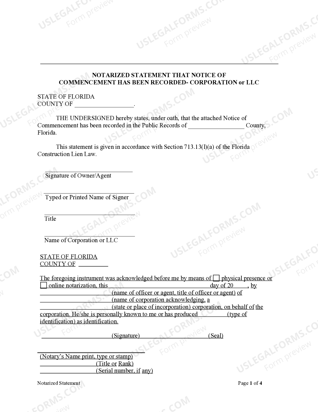 Florida Notarized Statement Regarding Notice of Commencement Form ...
