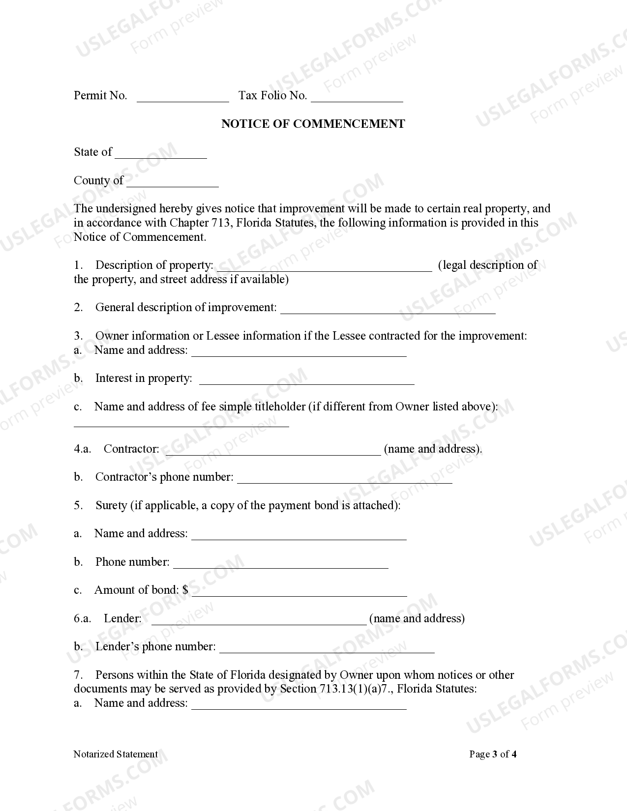 Florida Notarized Statement Regarding Notice of Commencement Form ...