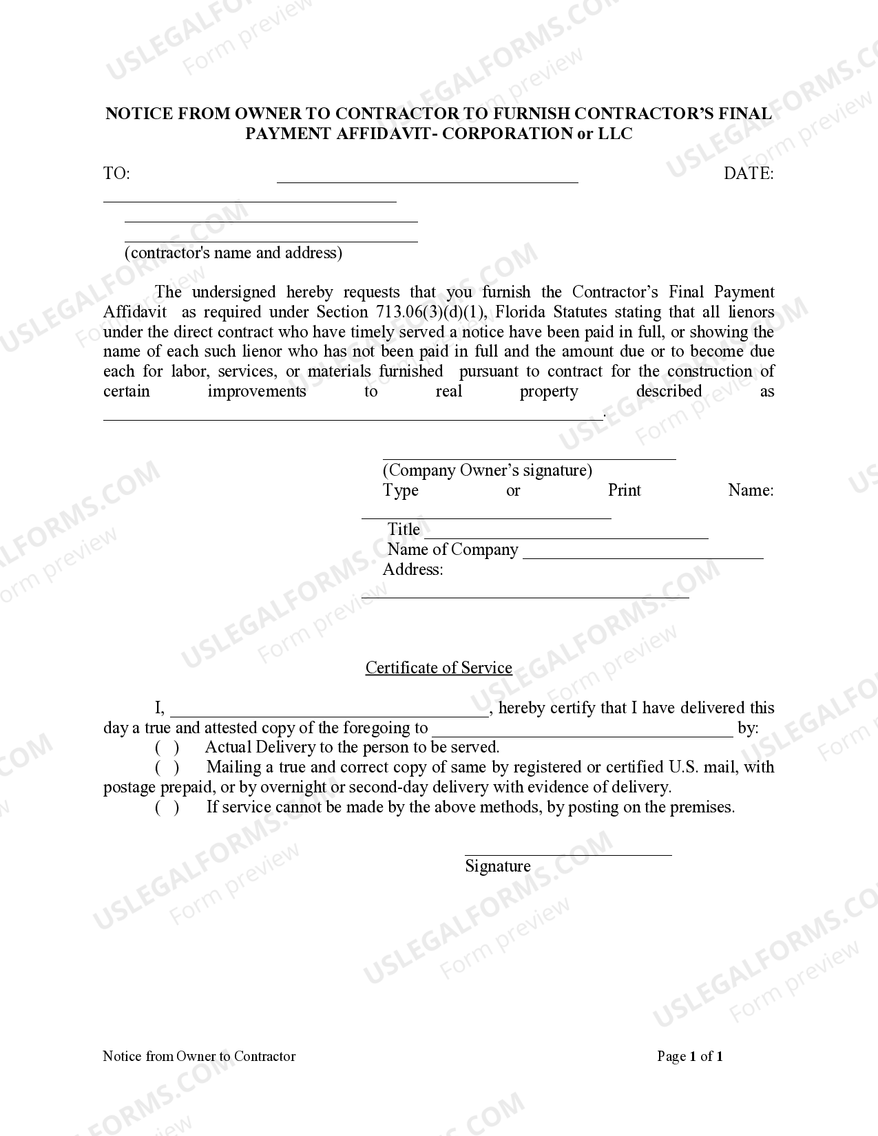 Florida Notice from Owner to Contractor to Furnish Contractor's Final ...