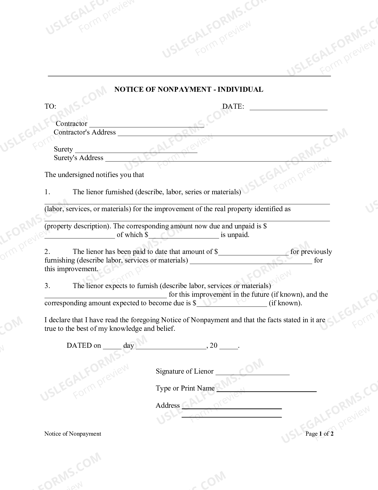 Florida Notice of Nonpayment - Individual - Nonpayment | US Legal Forms