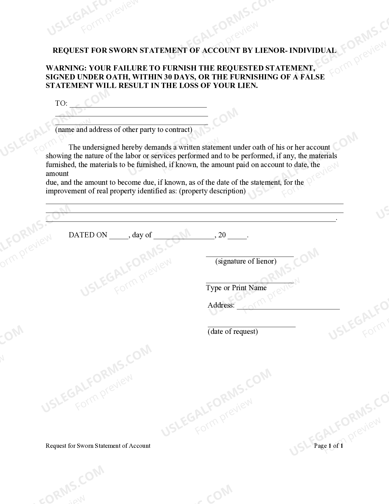 Florida Request for Sworn Statement of Account by Lienor - Florida ...