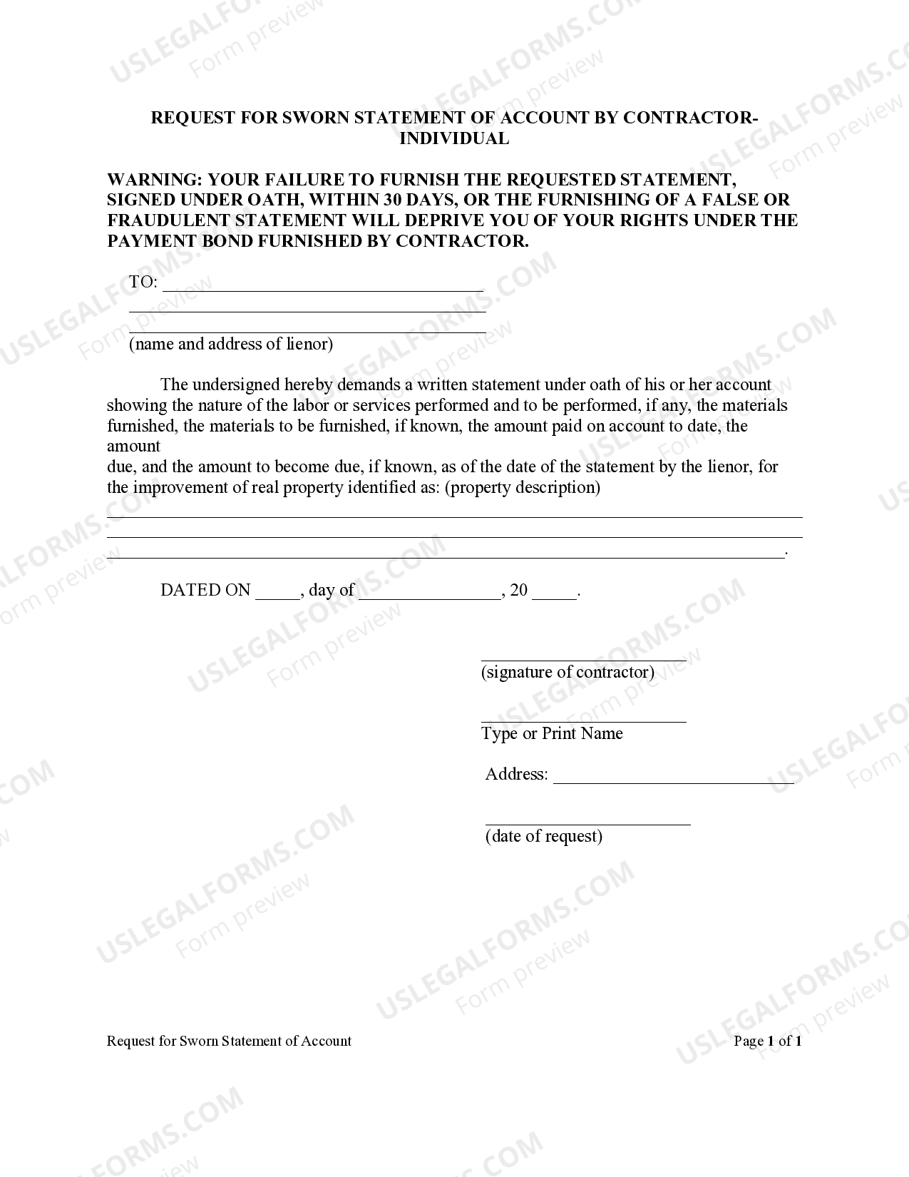 Broward Florida Request For Sworn Statement Of Account By Contractor Broward Florida Request For Sworn Statement Of Account By Contractor