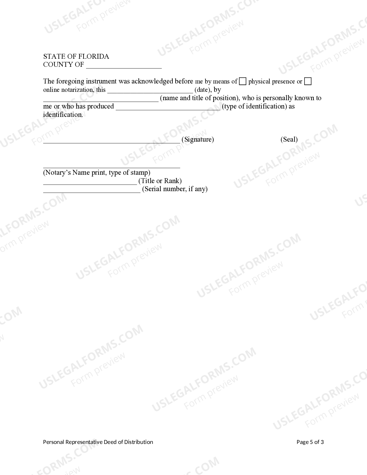 Florida Personal Representative's Deed of Distribution - Personal ...