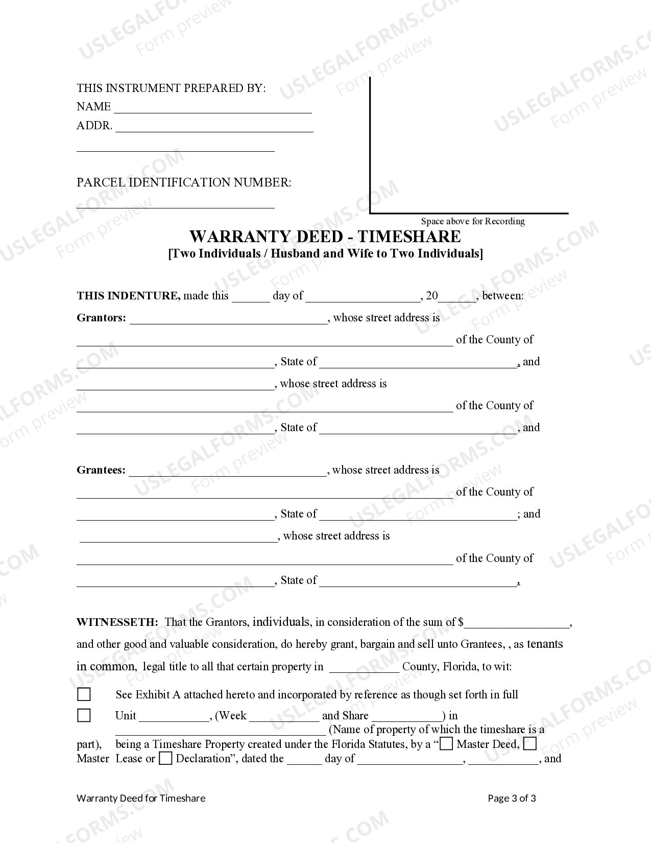 Florida Warranty Deed for a Timeshare - Deed Husband Wife | US Legal Forms
