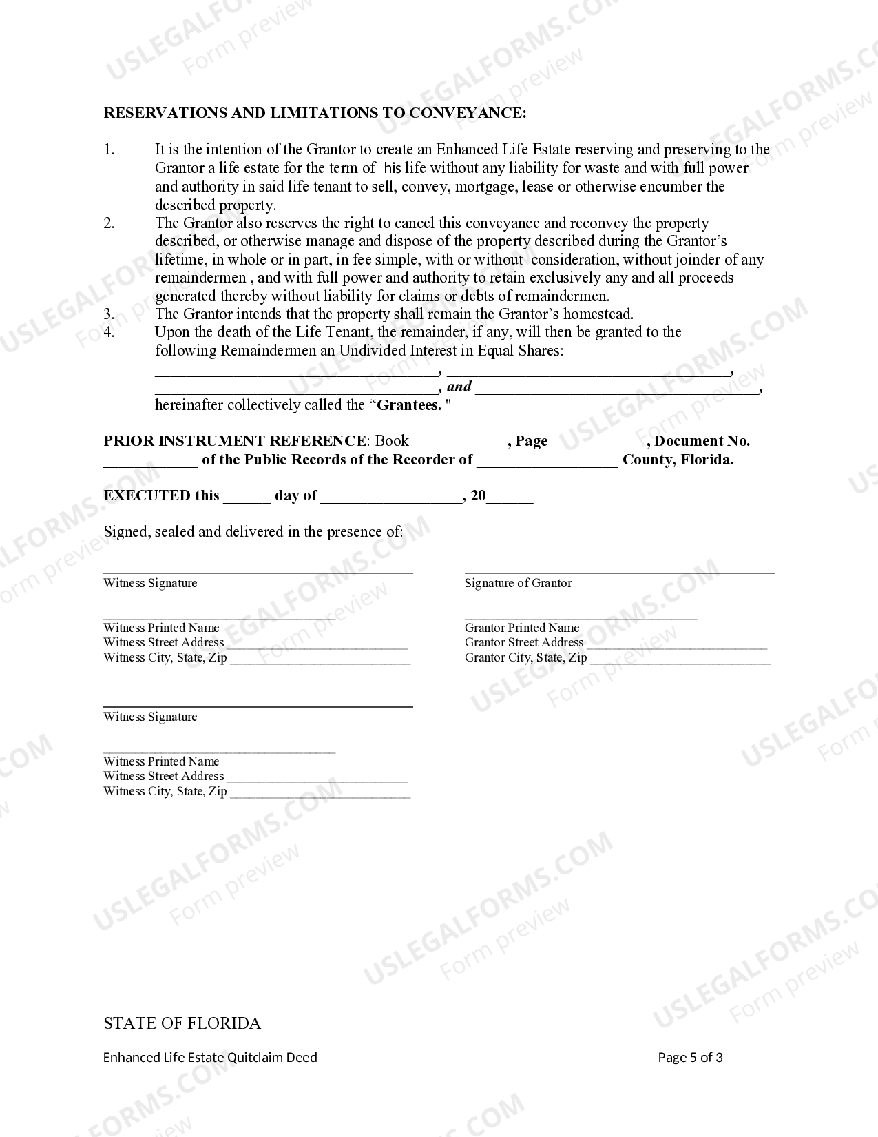Florida Enhanced Life Estate or Lady Bird Deed - Quitclaim - Florida ...