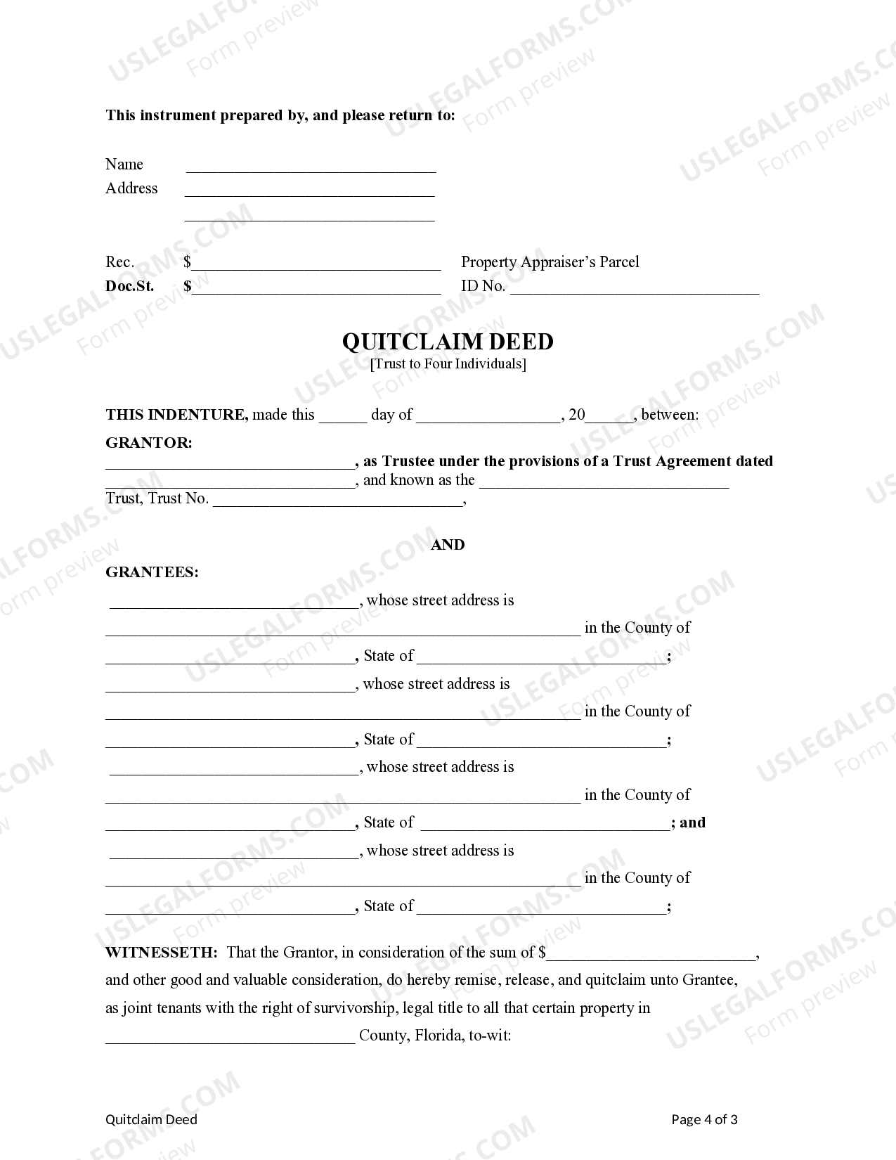 Florida Quitclaim Deed - Trust to Four Individuals | US Legal Forms
