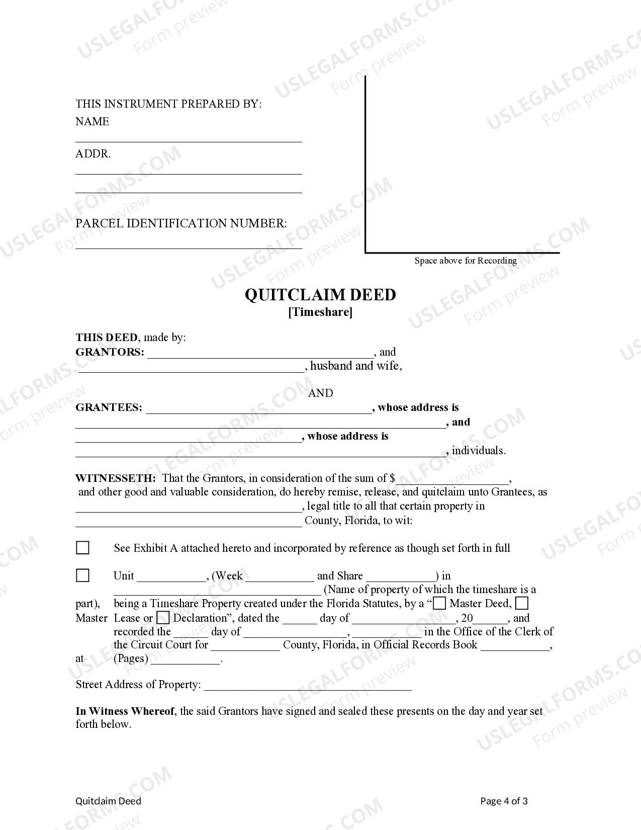 Florida Quitclaim Deed for a Timeshare from Husband and Wife to Two ...