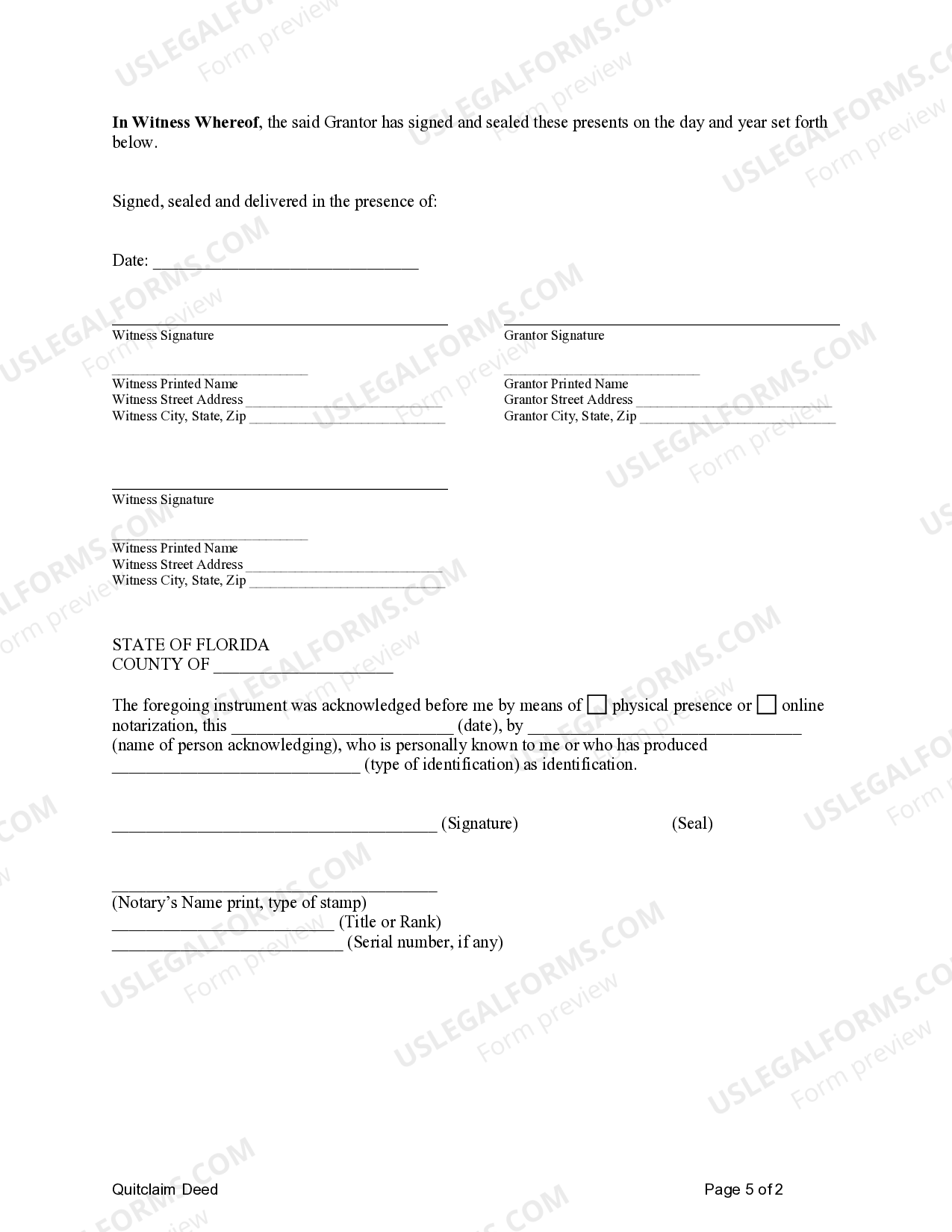 Tampa Florida Quitclaim Deed for Timeshare from an Individual to Two ...