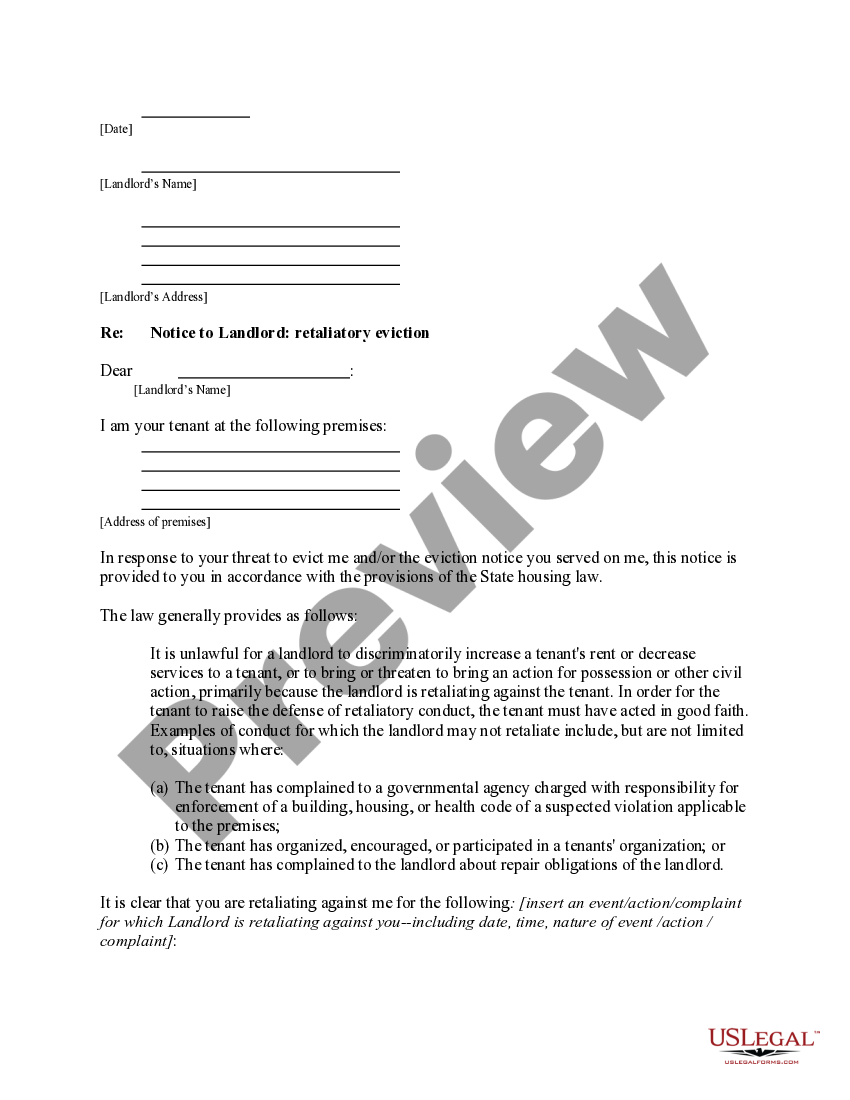 Florida Letter From Tenant To Landlord Containing Notice To Landlord To Cease Retaliatory 