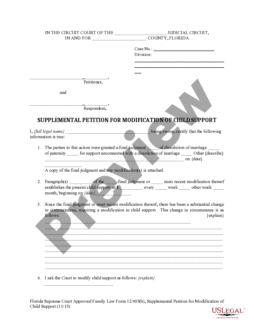 Tampa Florida Supplemental Petition For Modification Of Child Support Child Support 