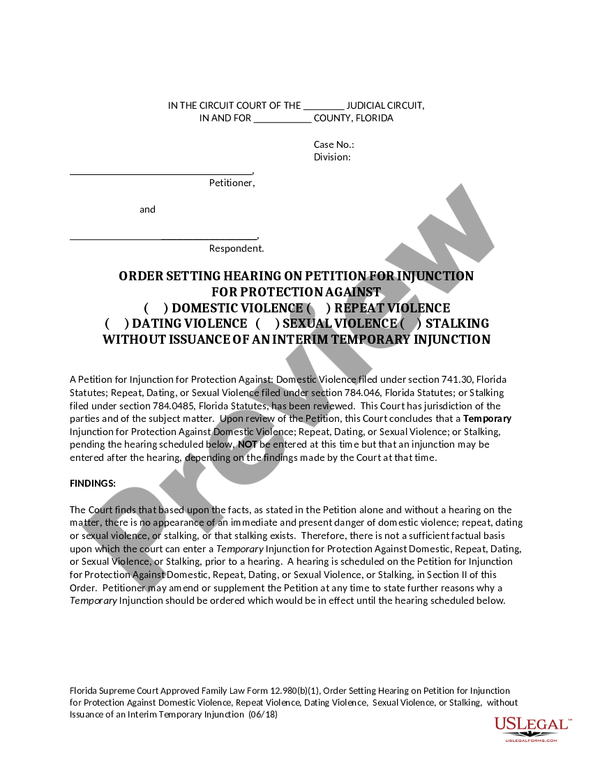 Orlando Florida Order Setting Hearing On Petition For Injunction For