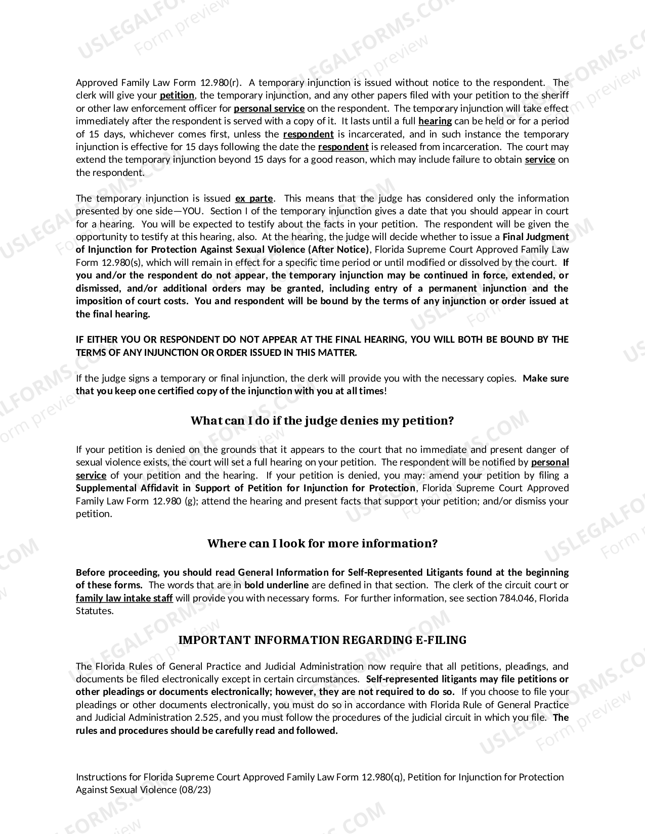 Florida Petition for Injunction for Protection Against Sexual Violence | US Legal Forms