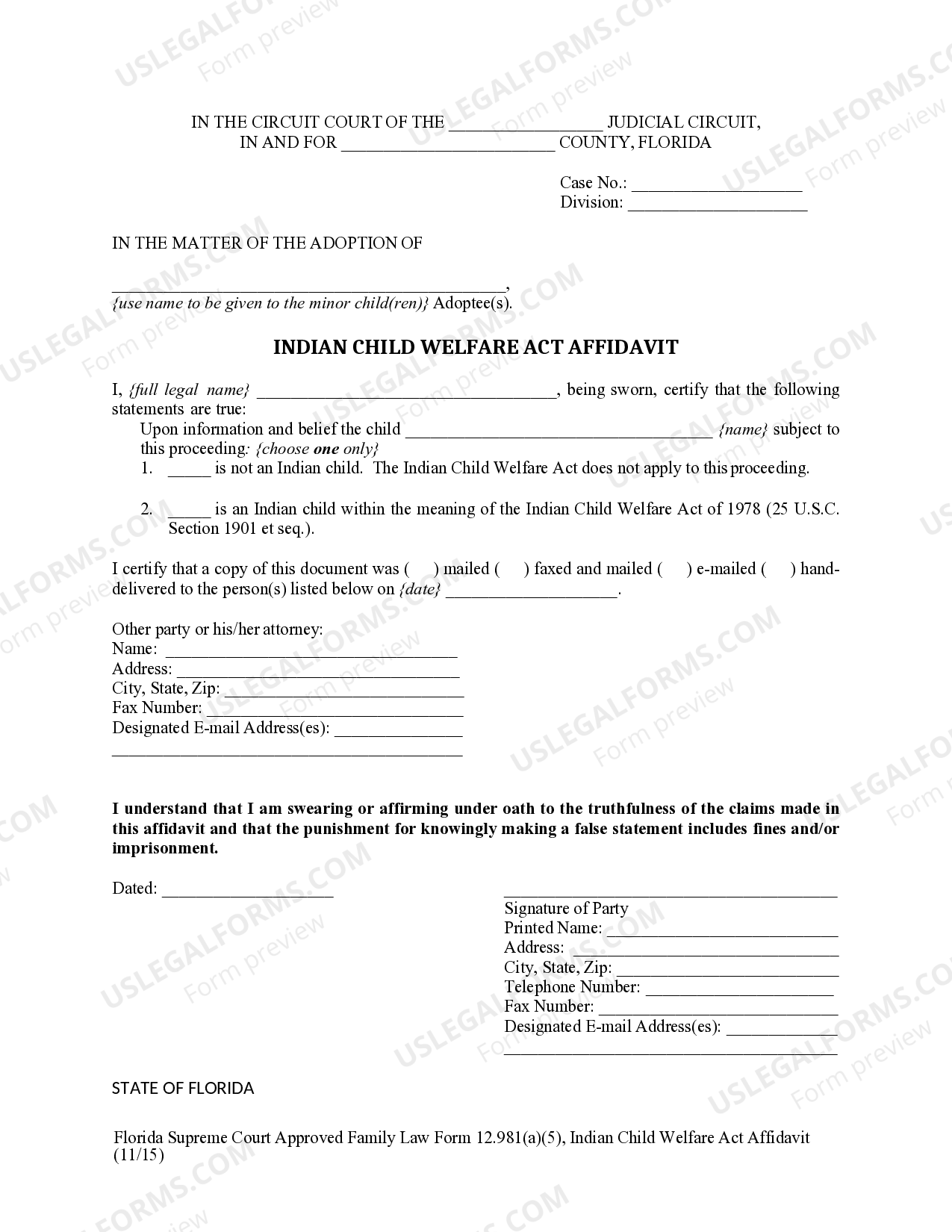 Florida Indian Child Welfare Affidavit Act | US Legal Forms