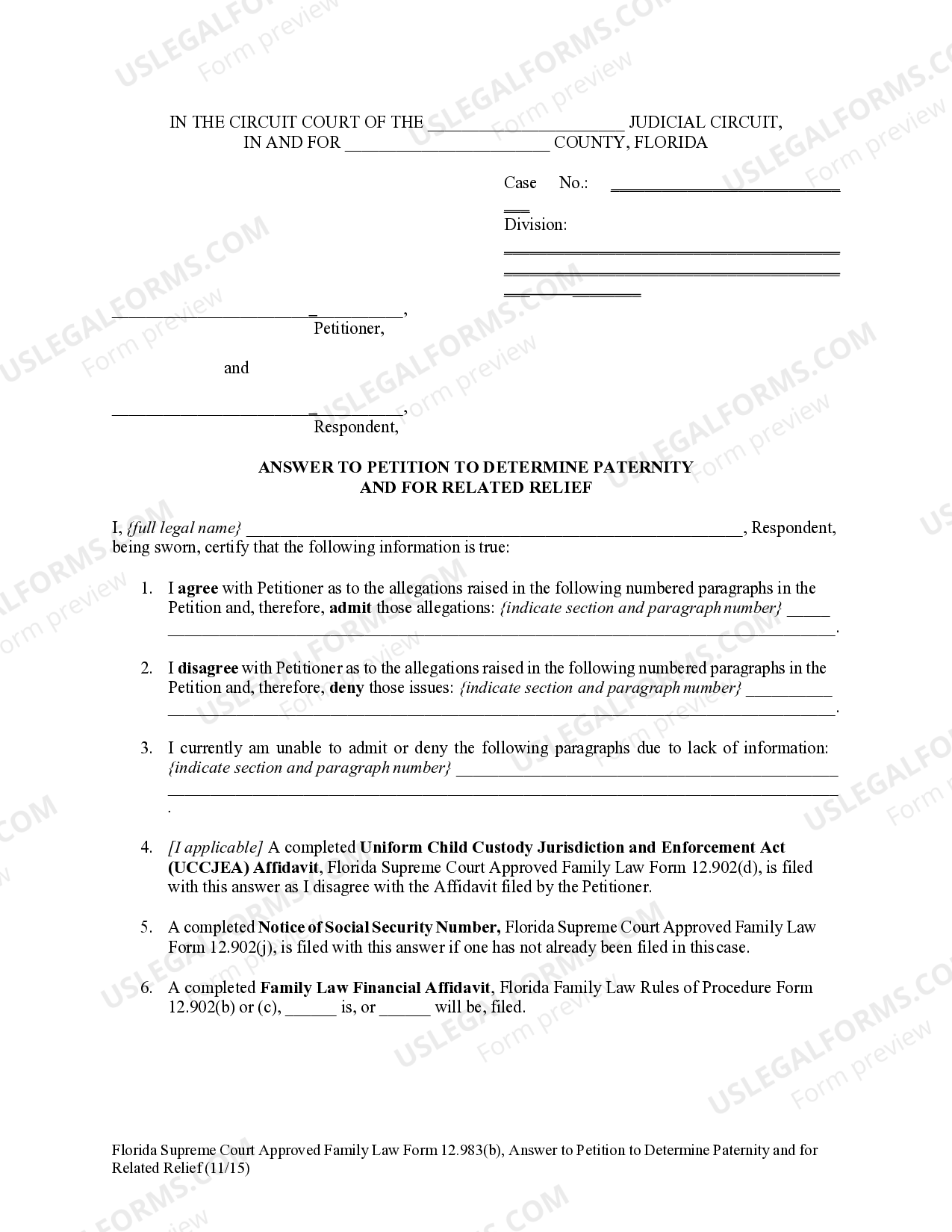 Florida Answer to Petition to Determine Paternity and for Related ...
